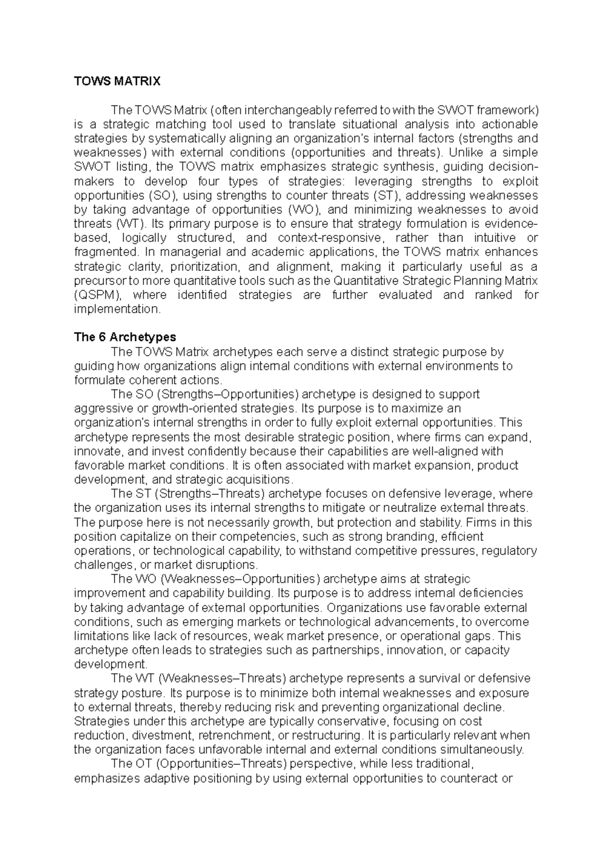 TOWS Matrix Analysis: Strategic Framework for Decision Making - Studocu