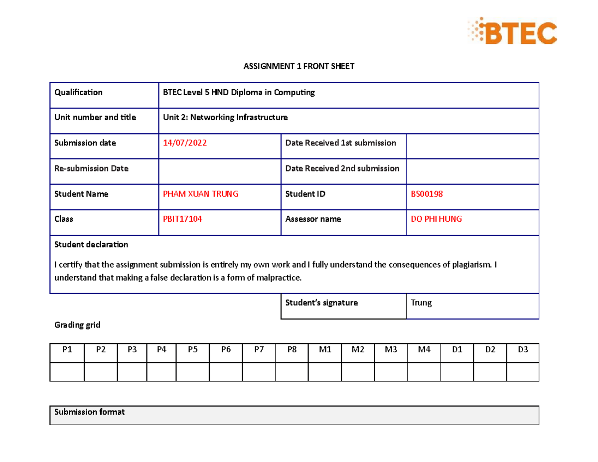 ASM1 Networking - Finish - ASSIGNMENT 1 FRONT SHEET Qualification BTEC Level 5 HND Diploma in ...