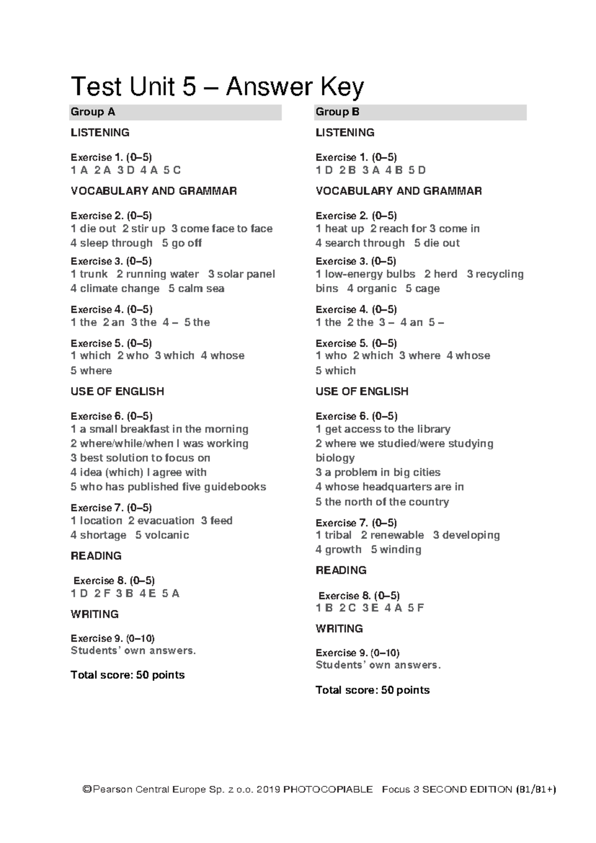 Focus 3 2E Unit 5 Test Answer Key for Listening, Vocab & Writing - Studocu