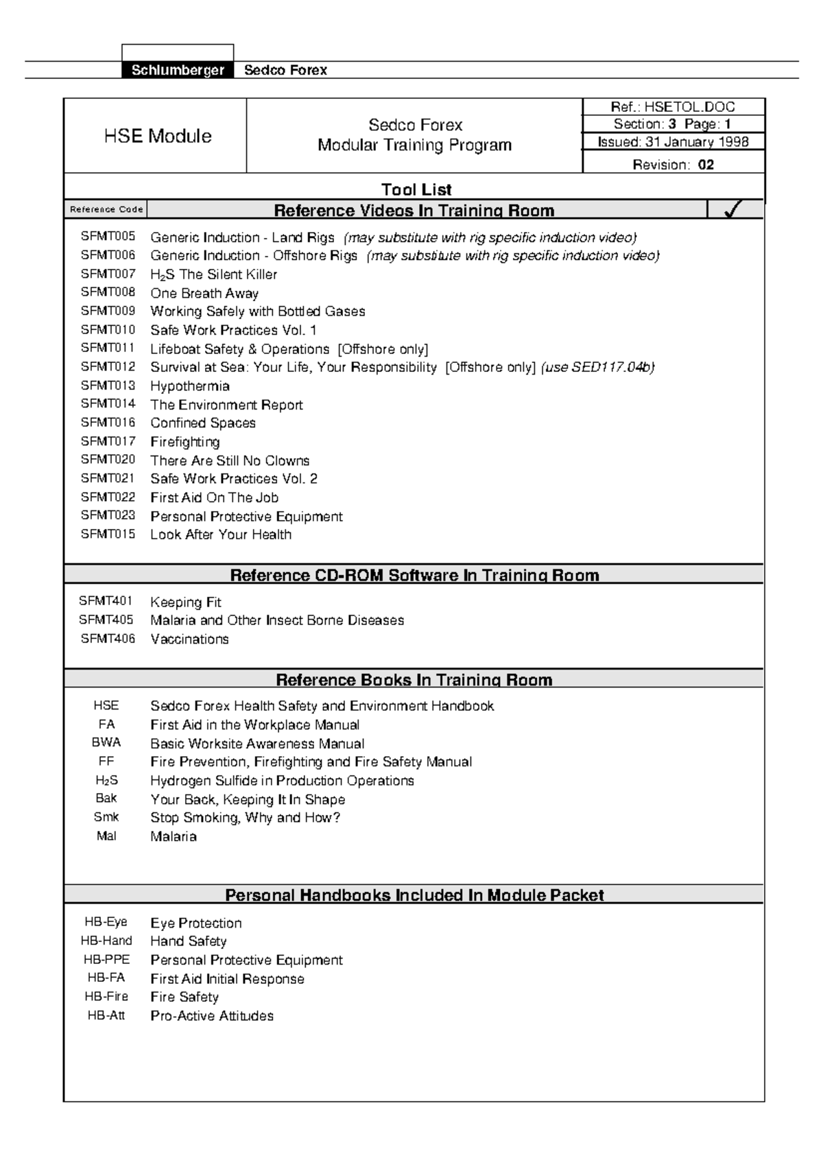 Schlumberger HSE Module Tool List & Training Resources SFMT005-023 ...