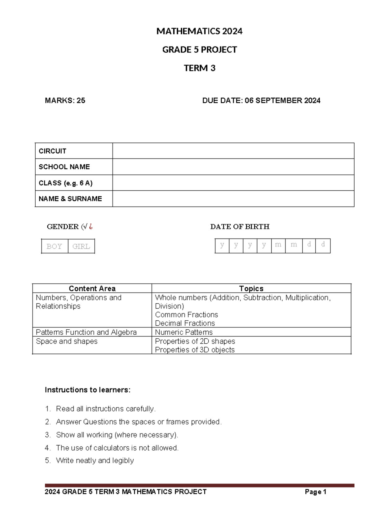 MATHEMATICS 2024 GRADE 5 TERM 3 PROJECT: FUNDRAISING ACTIVITY - Studocu
