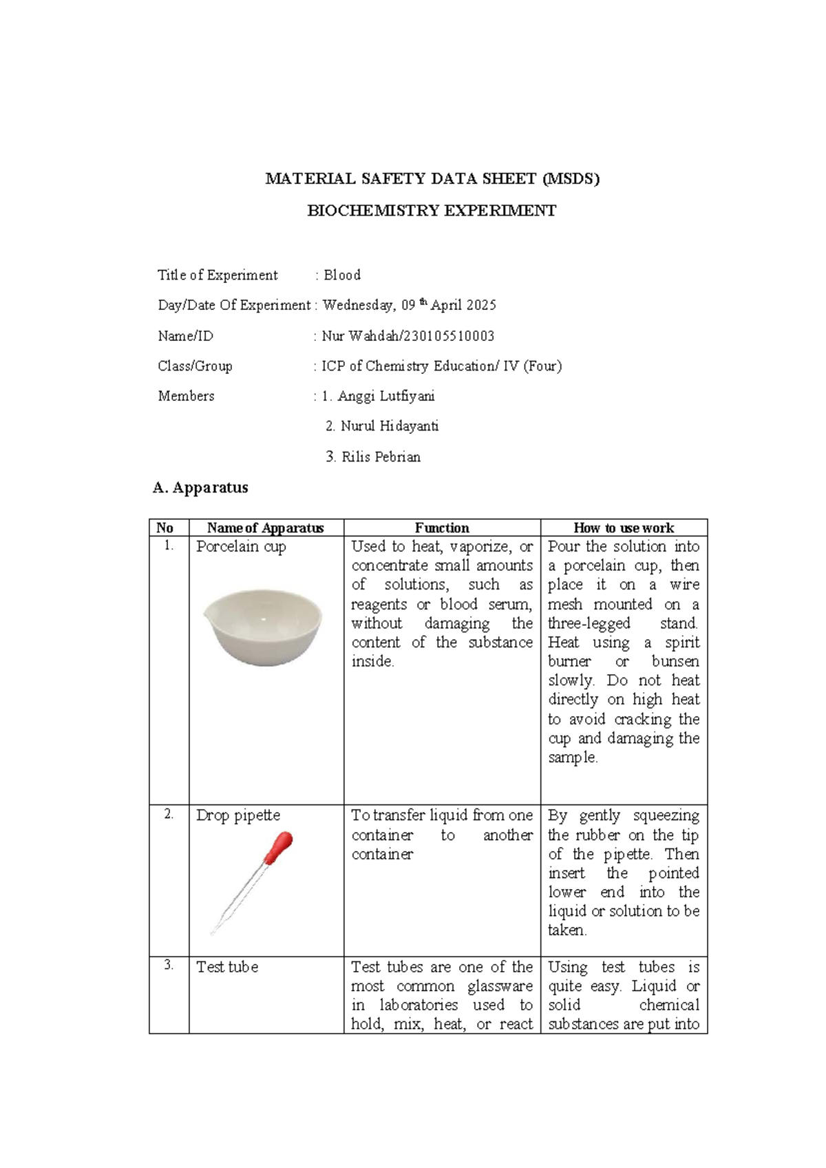 MSDS for Blood Analysis in Biochemistry Experiment (ICP Chem IV) - Studocu