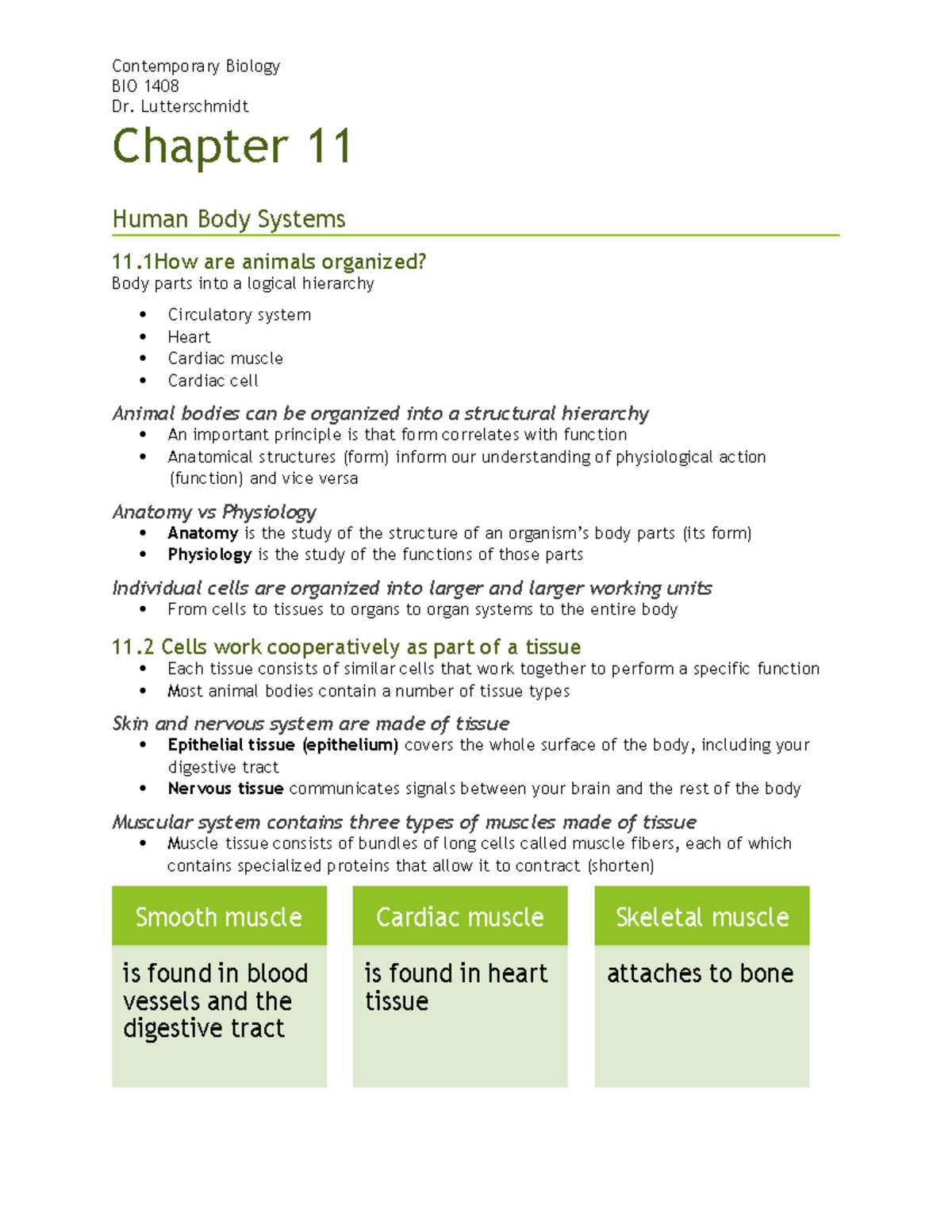 Chapter 11 - Human Body Systems - Contemporary Biology BIO 1408 Dr ...