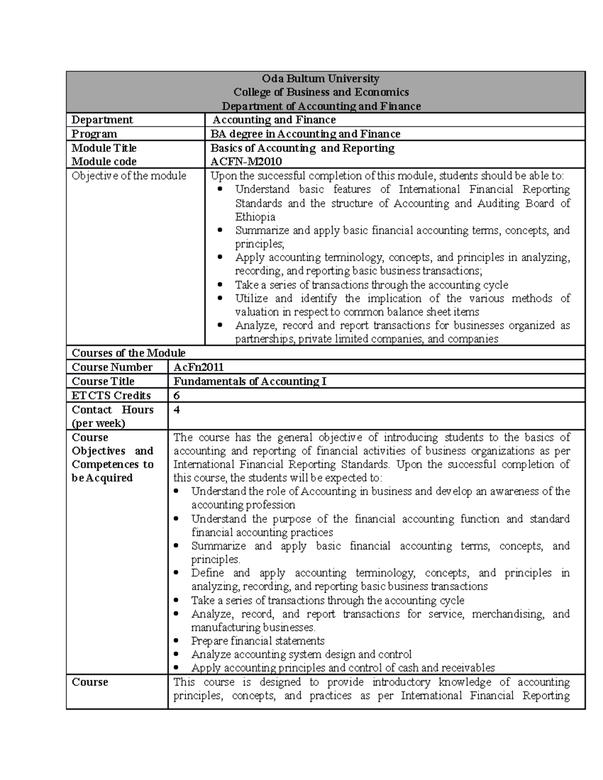 Fundamentals of Accounting I (ACFN-M) Course Outline and Overview - Studocu
