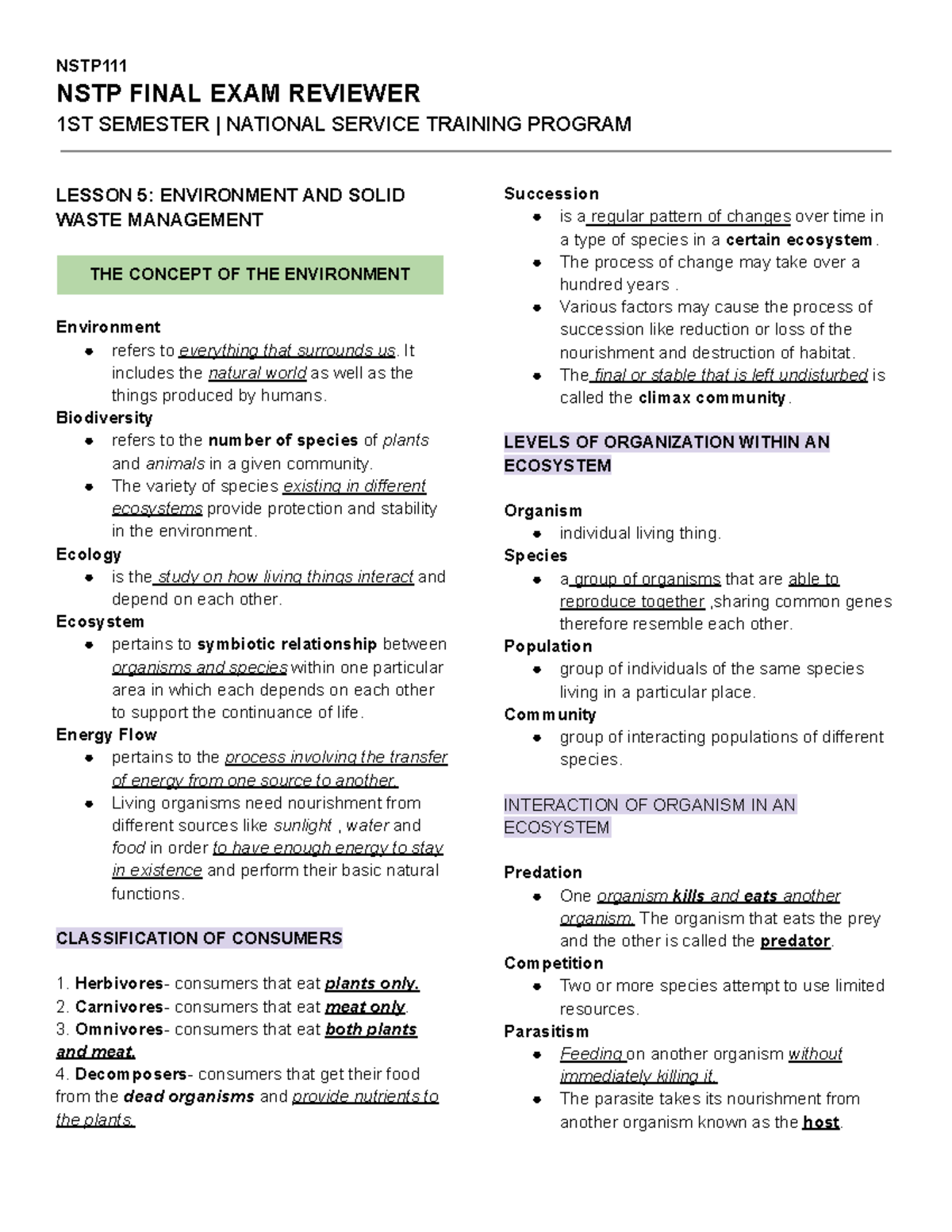 NSTP 1st Semester Final Exam Reviewer: Environment & Waste Management ...