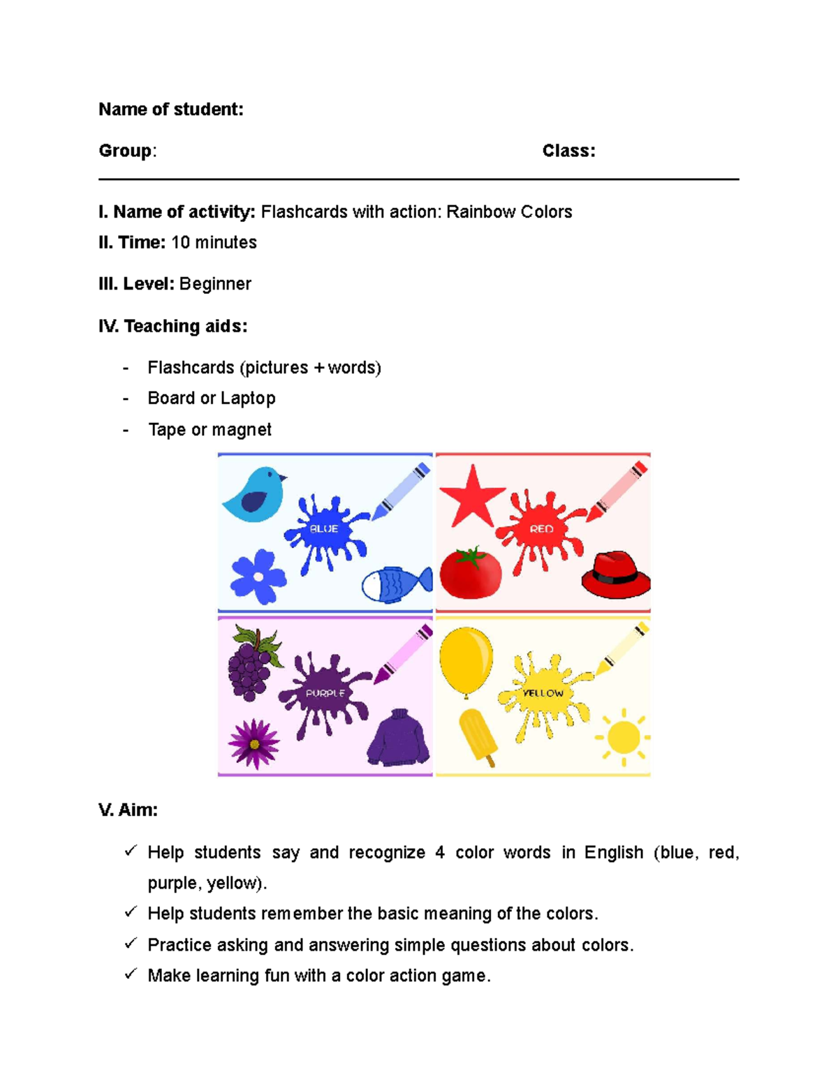 Teaching Vocabulary: Flashcards for Rainbow Colors Activity - Studocu