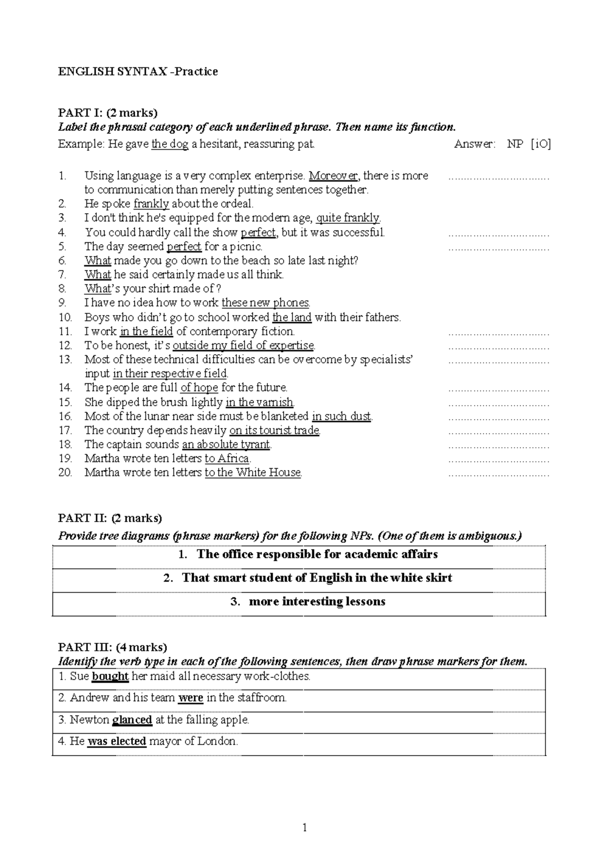 ENGLISH SYNTAX PRACTICE II: Phrasal Categories & Tree Diagrams - Studocu