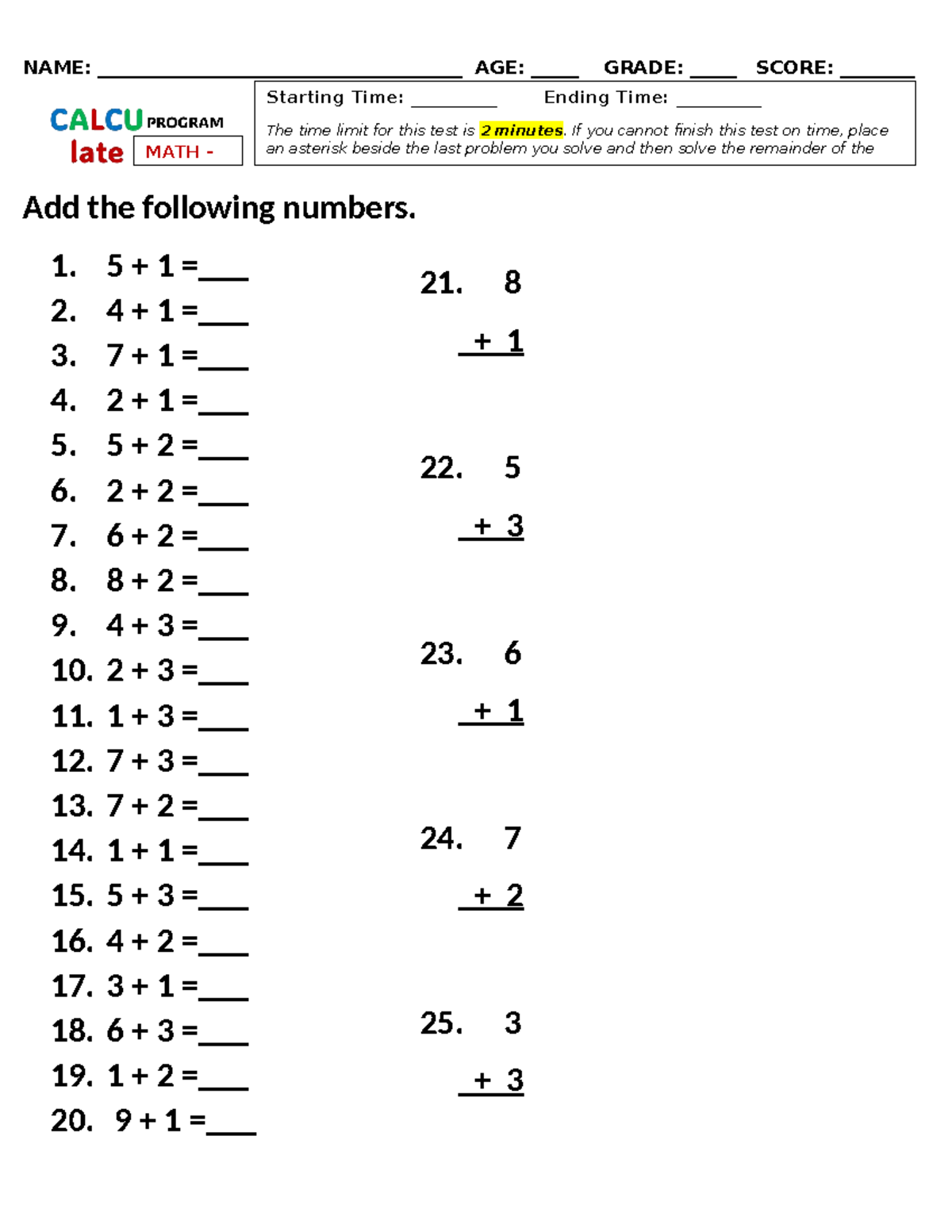 MATH - 1: One Digit Addition & Subtraction Test - Studocu