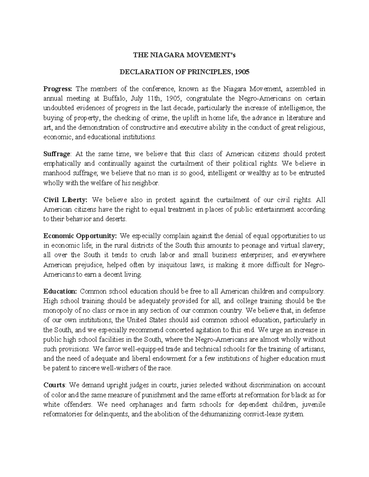 Niagara Movement Principles Summary: Key Issues & Demands - Studocu