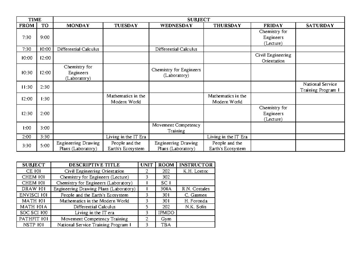 Schedule for college - TIME SUBJECT FROM TO MONDAY TUESDAY WEDNESDAY ...