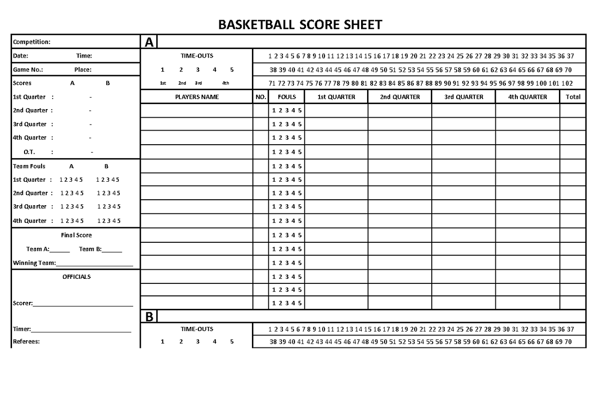 Score Sheet - BASKETBALL SCORE SHEET Date: Time: TIME-OUTS 1 2 3 4 5 6 ...