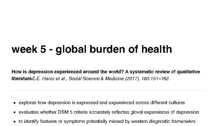 Week 5 - Global Burden of Health: Depression Across Cultures - Studocu