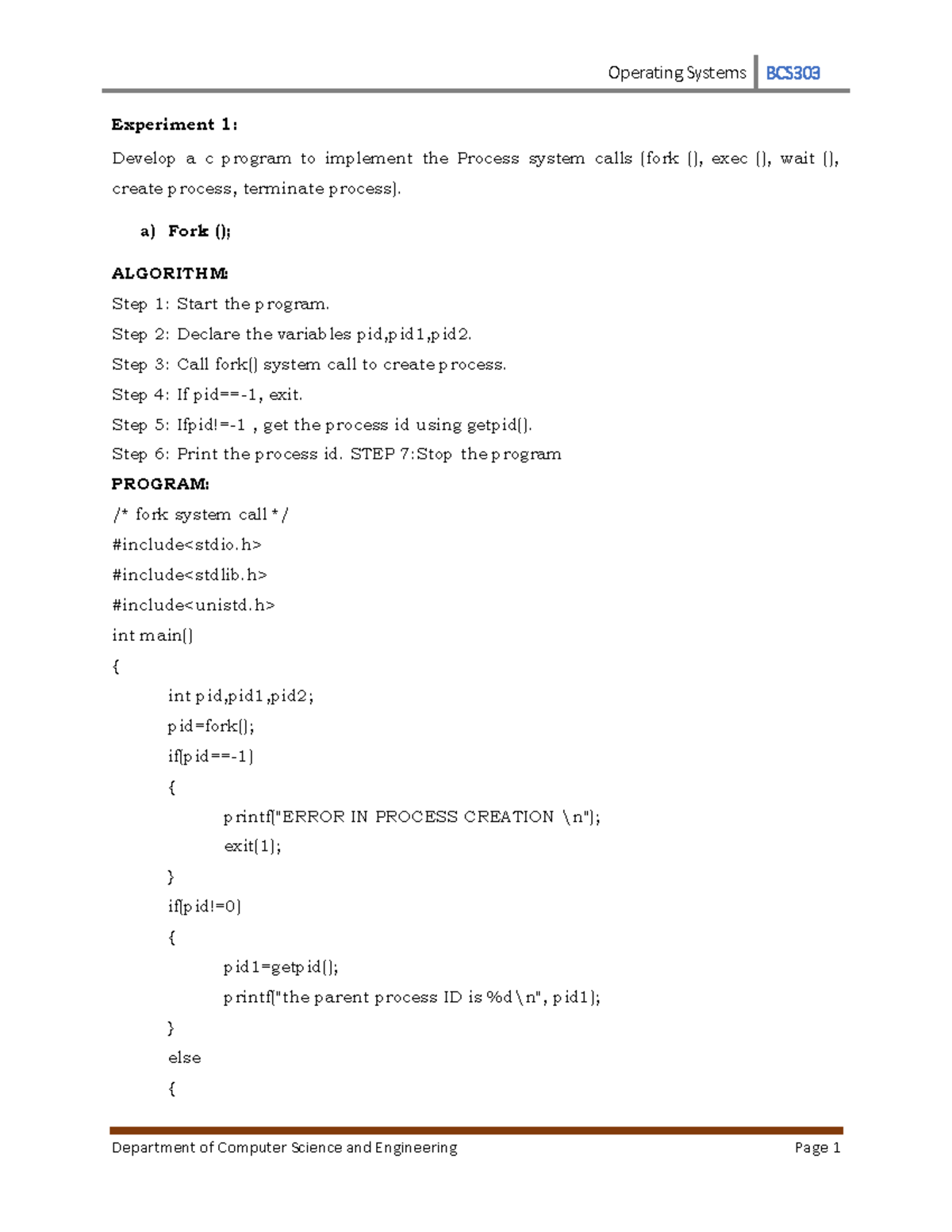 Operating Systems BCS303 Lab Manual: Process System Calls & Semaphores ...