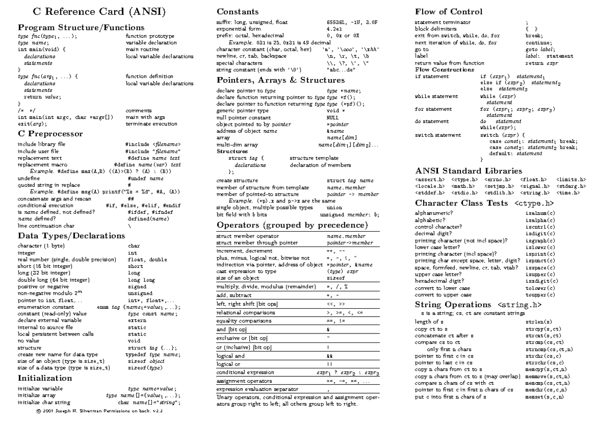 CRef Card - Cheatsheet - C Reference Card (ANSI) Program Structure ...