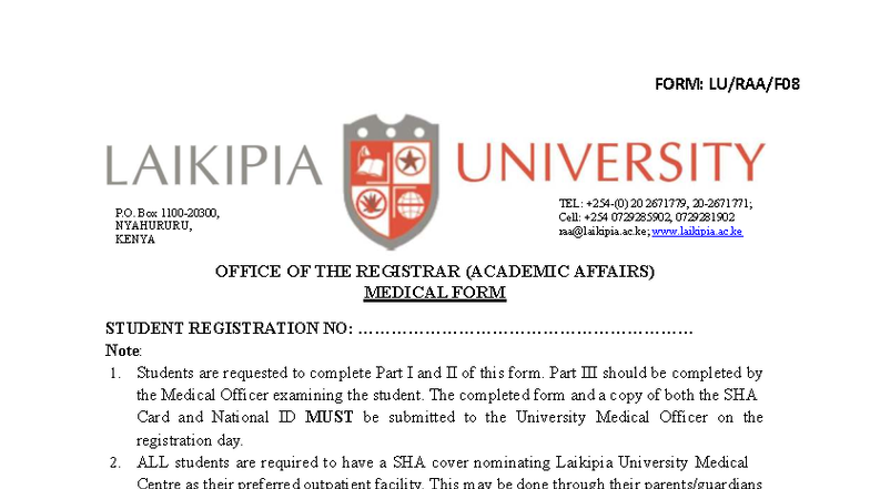 Laikipia University Medical Form for Student Registration - Studocu