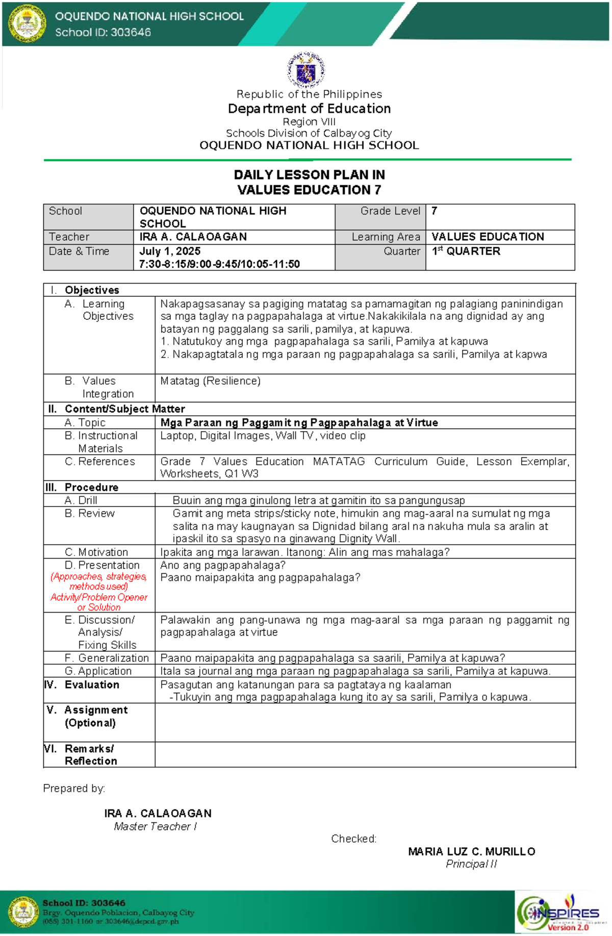 VE7 Q1: Daily Lesson Plan in Values Education 7 - Week 3 - Studocu