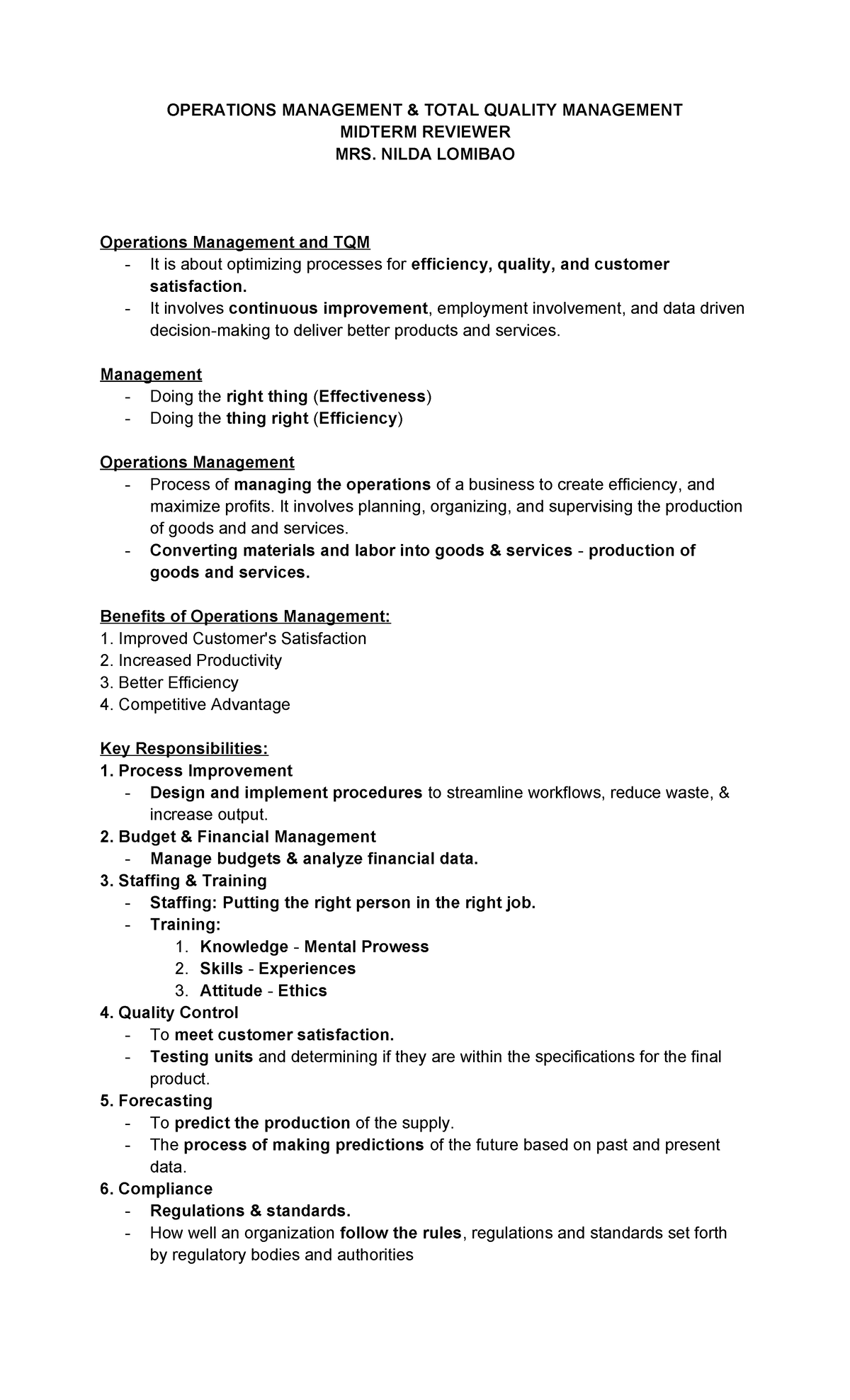 CBME 1 Operations Management & TQM Midterm Reviewer - Studocu