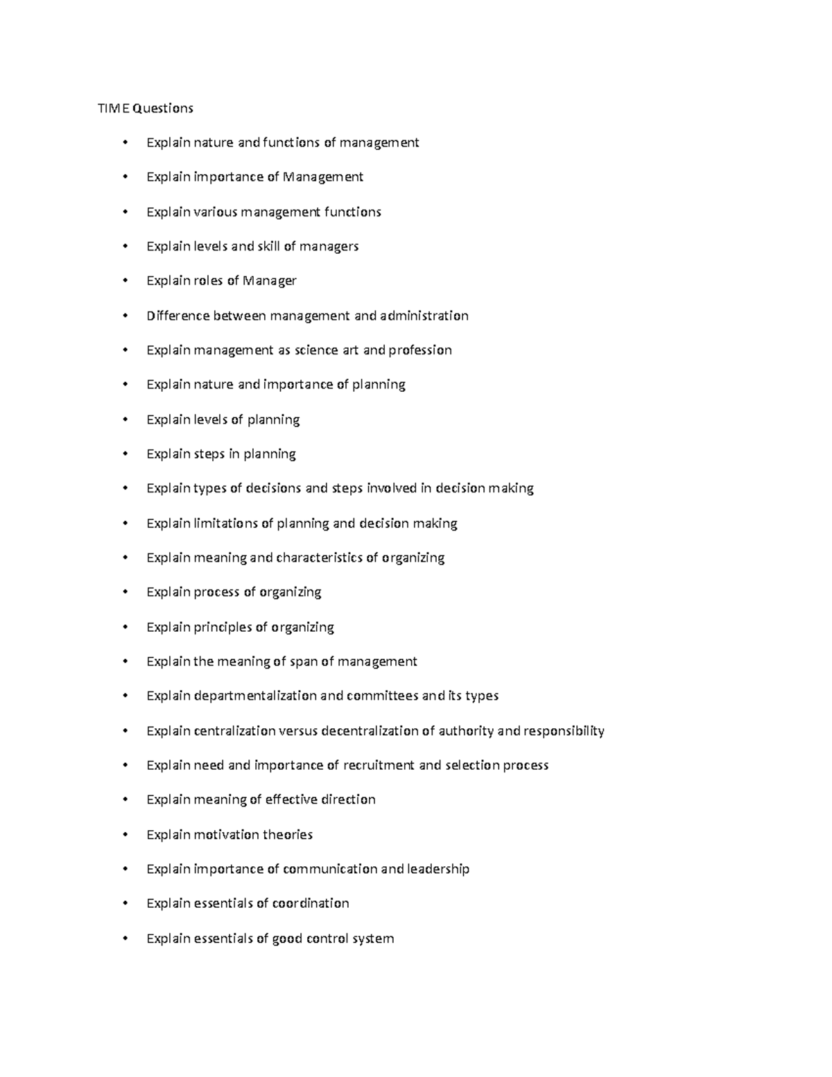 TIME Question Bank: Management Functions, Roles, and Planning ...