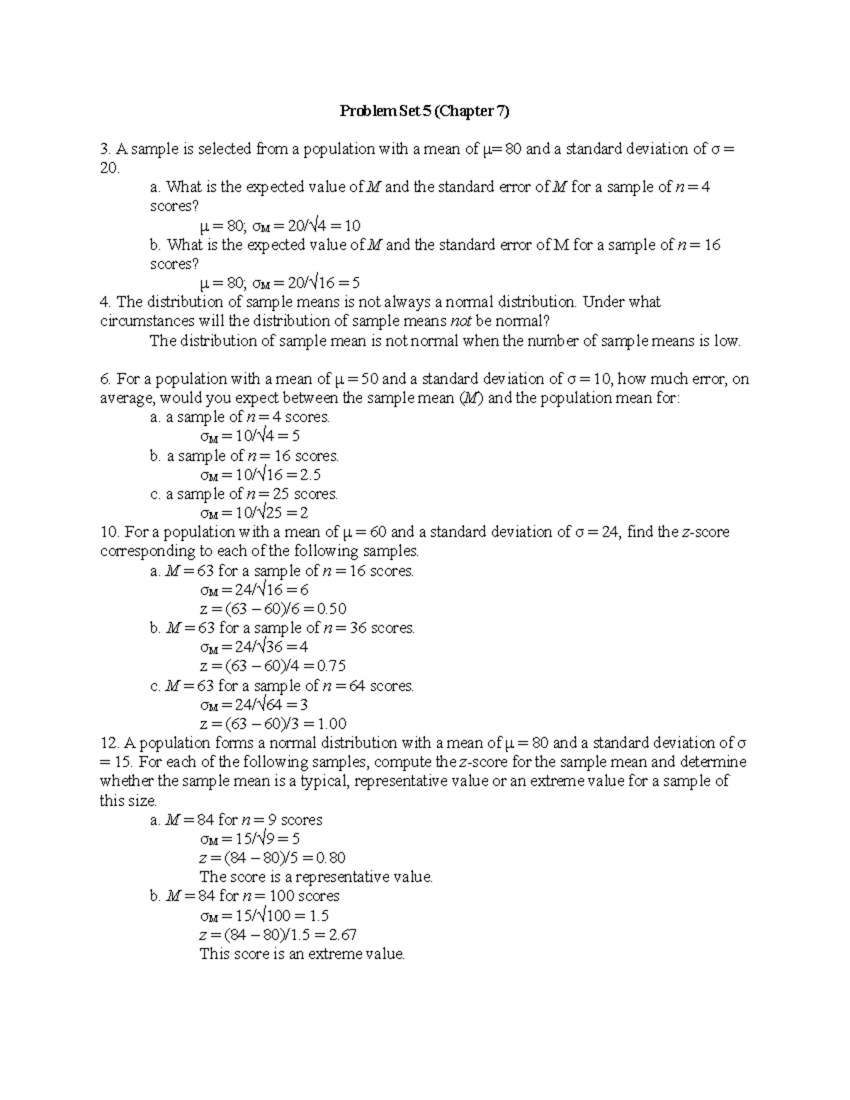 Problem Set 5 (Ch. 7) - Problem Set 5 (Chapter 7) A sample is selected ...