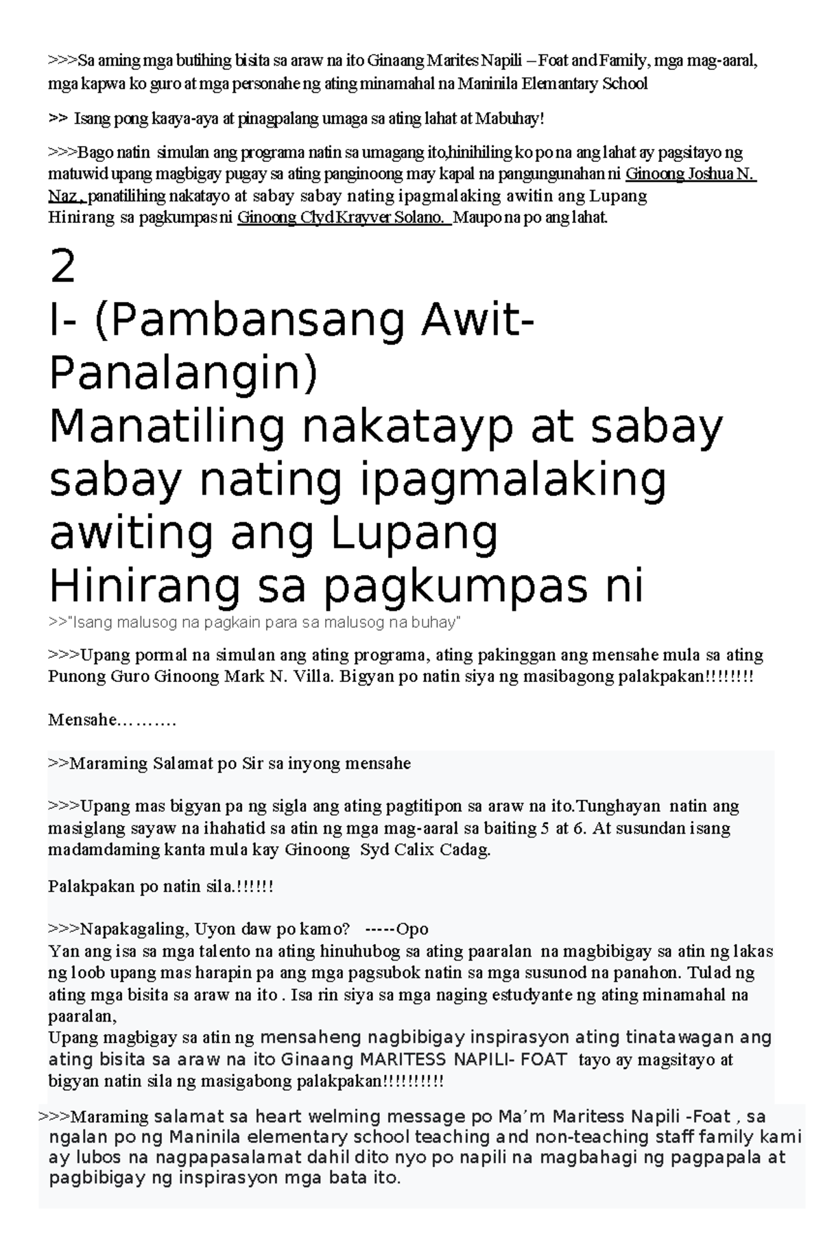 Emcee Script for Program at Maninila Elementary School - Studocu