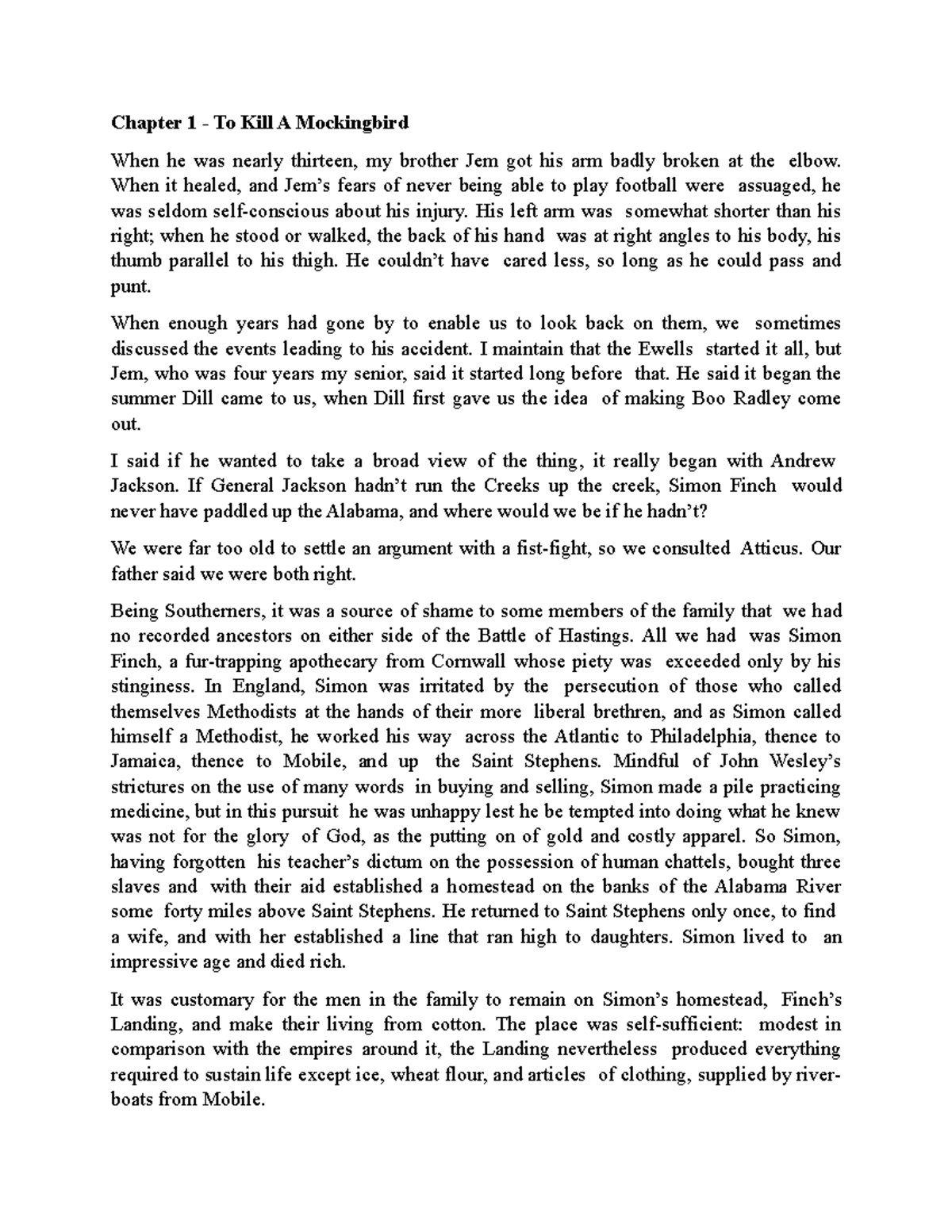 Chapter 1 Analysis of "To Kill A Mockingbird" (ENG 101) - Studocu