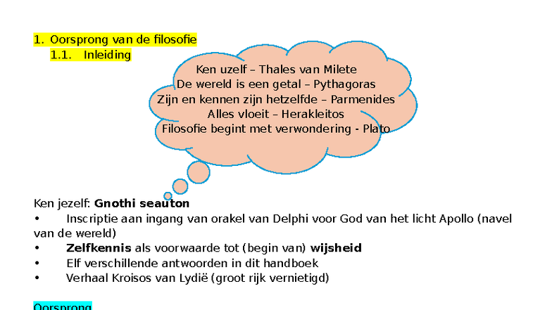 Examen filosofie - Oorsprong van de filosofie Inleiding Ken uzelf ...