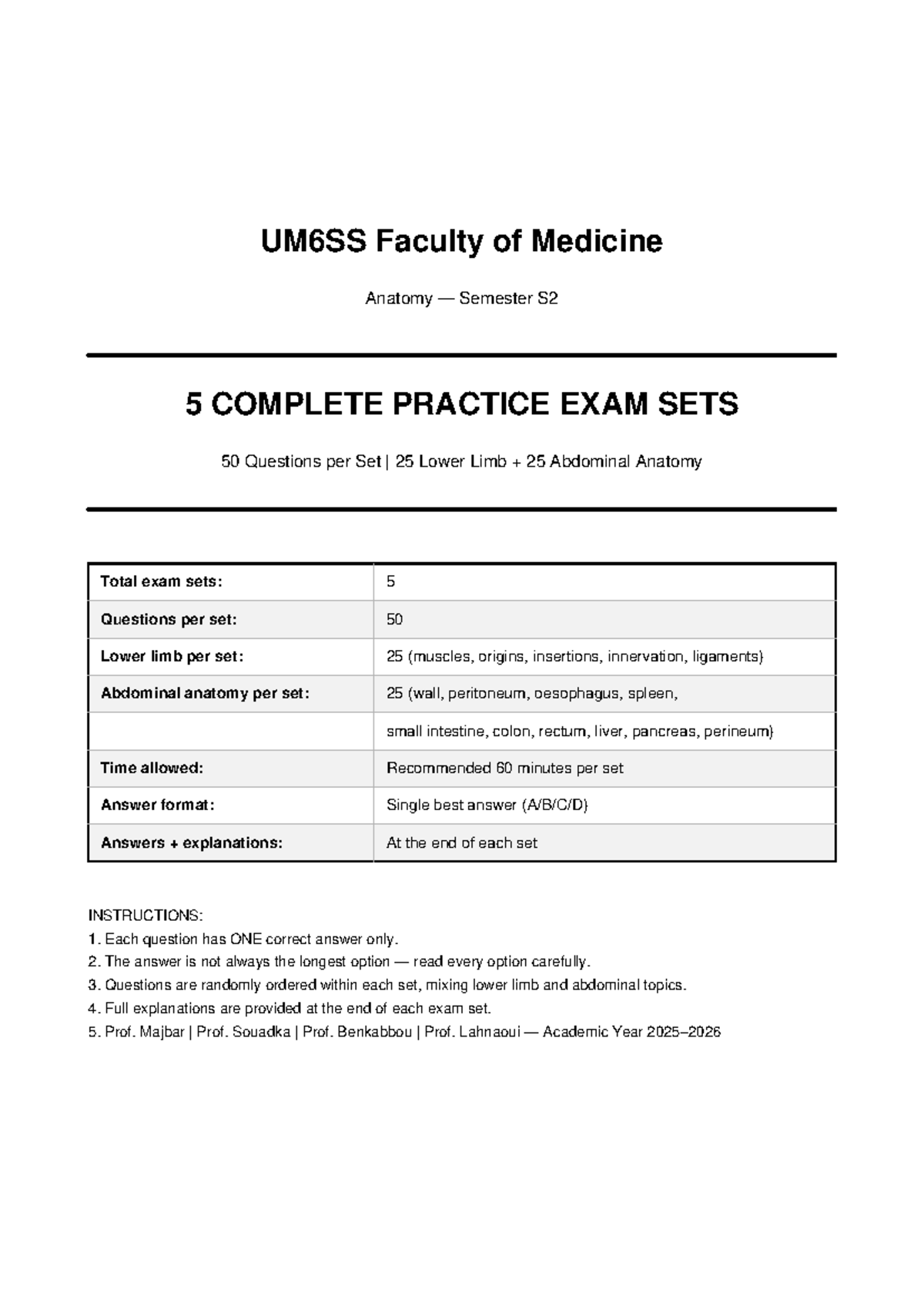 Anatomy MCQ Set - UM6SS Faculty of Medicine S2 (5 Sets, 250 Qs) - Studocu