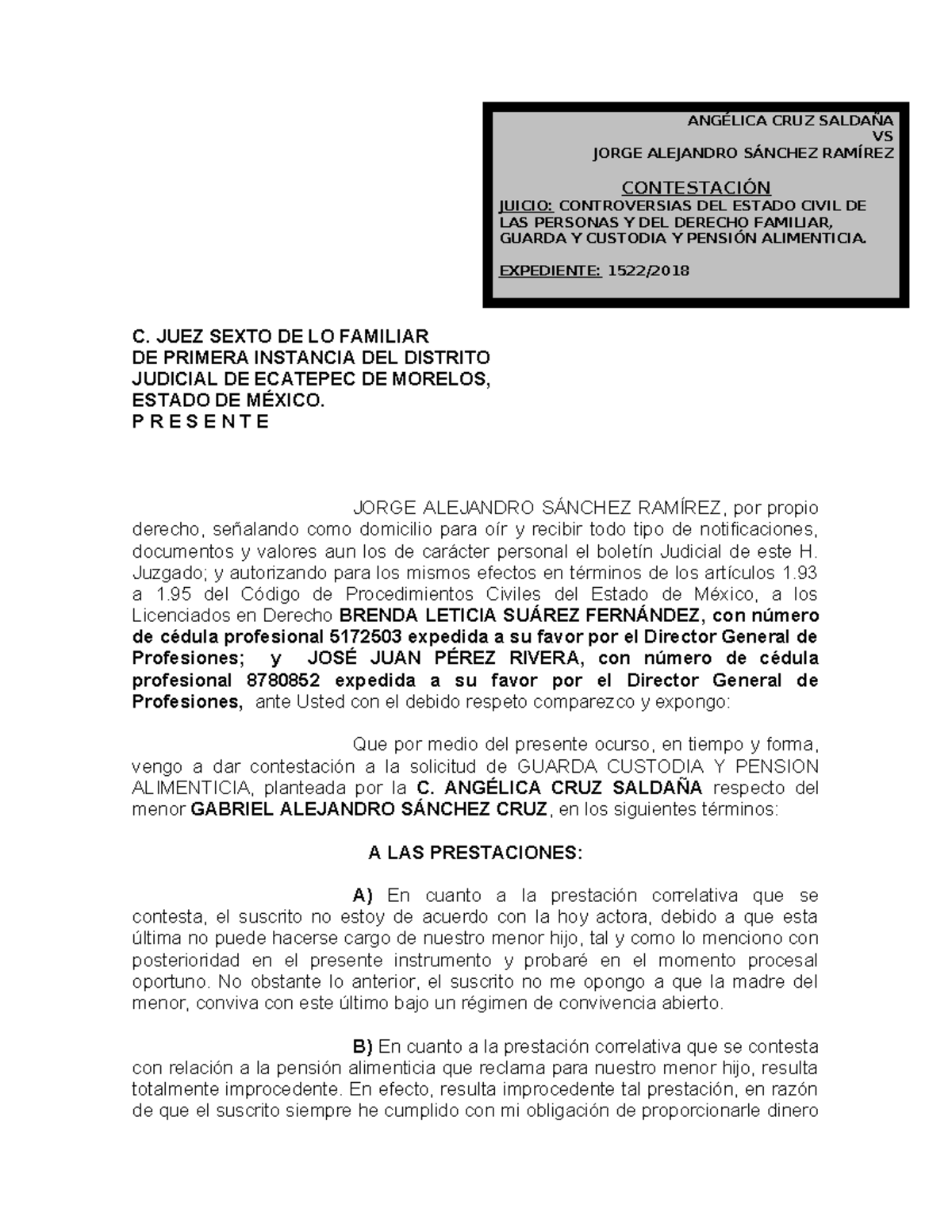 Contestación a la Demanda de Pensión y Guarda y Custodia - Juicio Civil ...