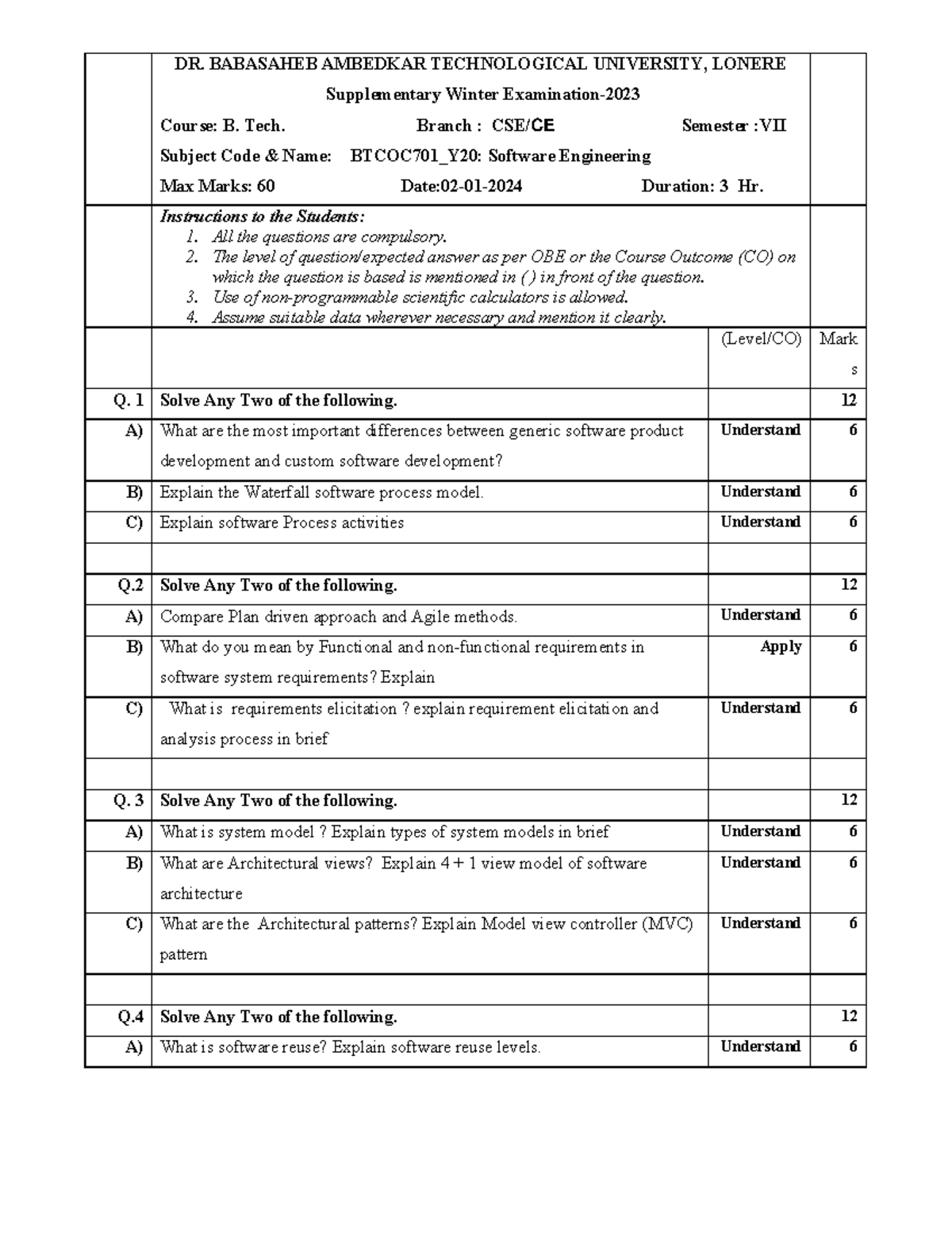 B. Tech. VII Semester Supplementary Exam: Software Engineering (BTCOC701_Y20) - Studocu