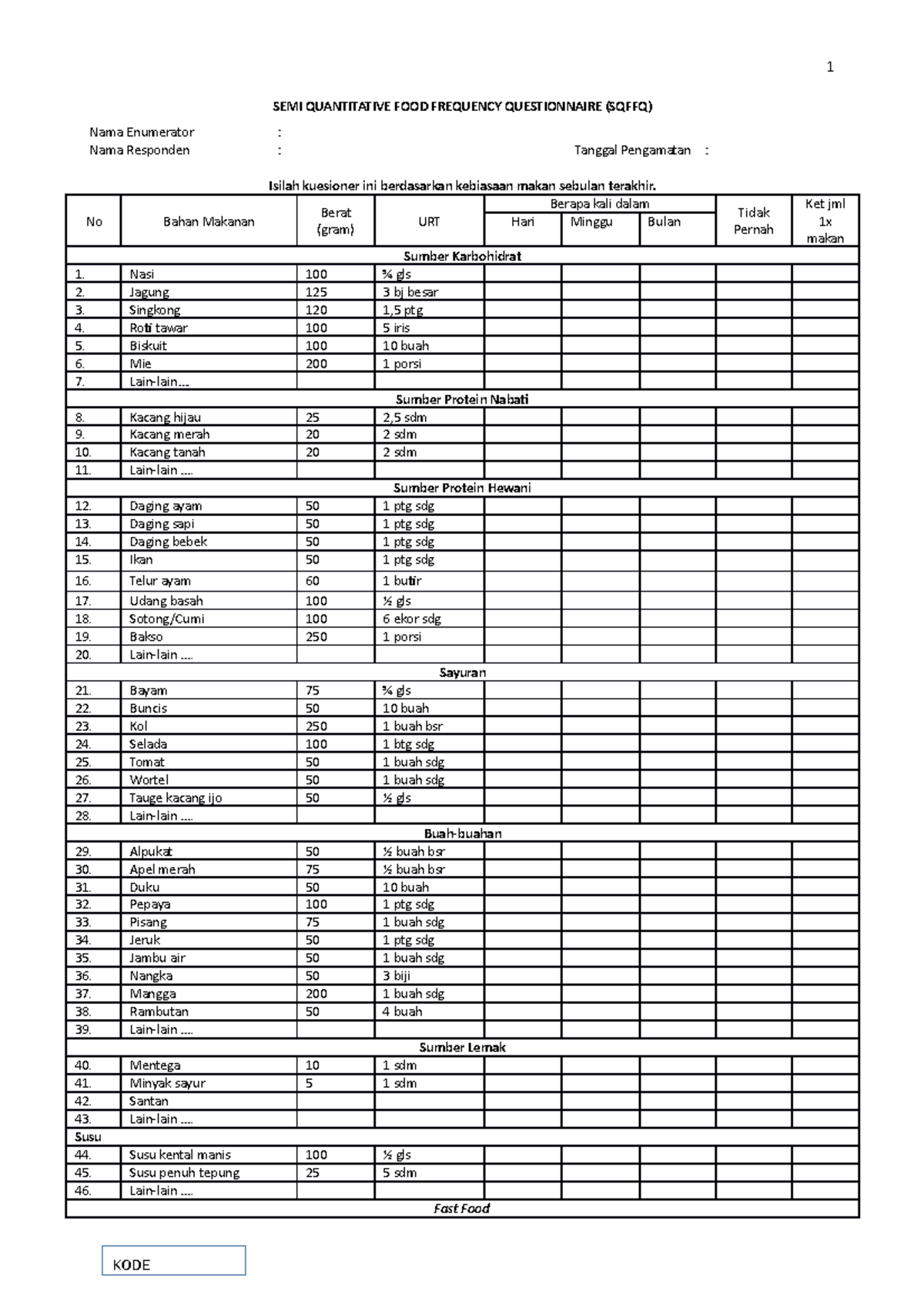 SQ FFQ - Semi Quantitative Food Frequency Questionnaire - Studocu