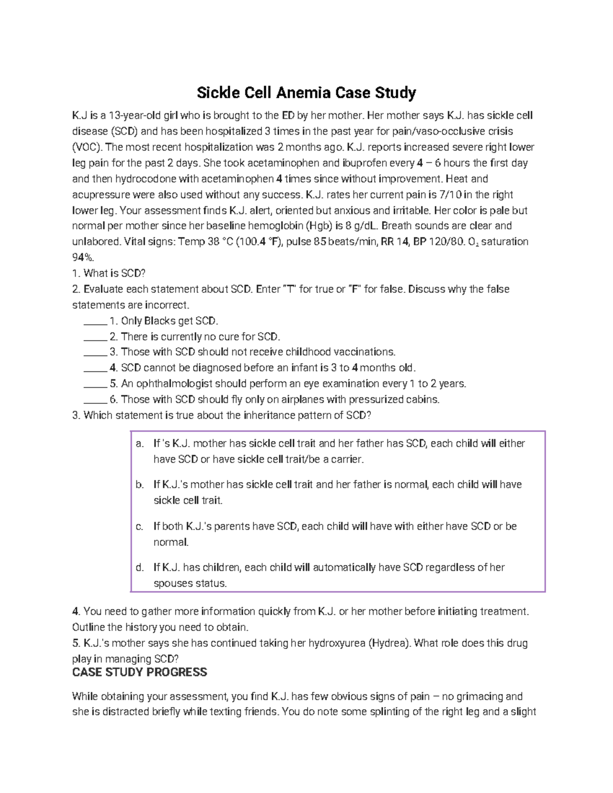 Sickle Cell Disease Case Study: K.J.'s Clinical Journey and Management - Studocu