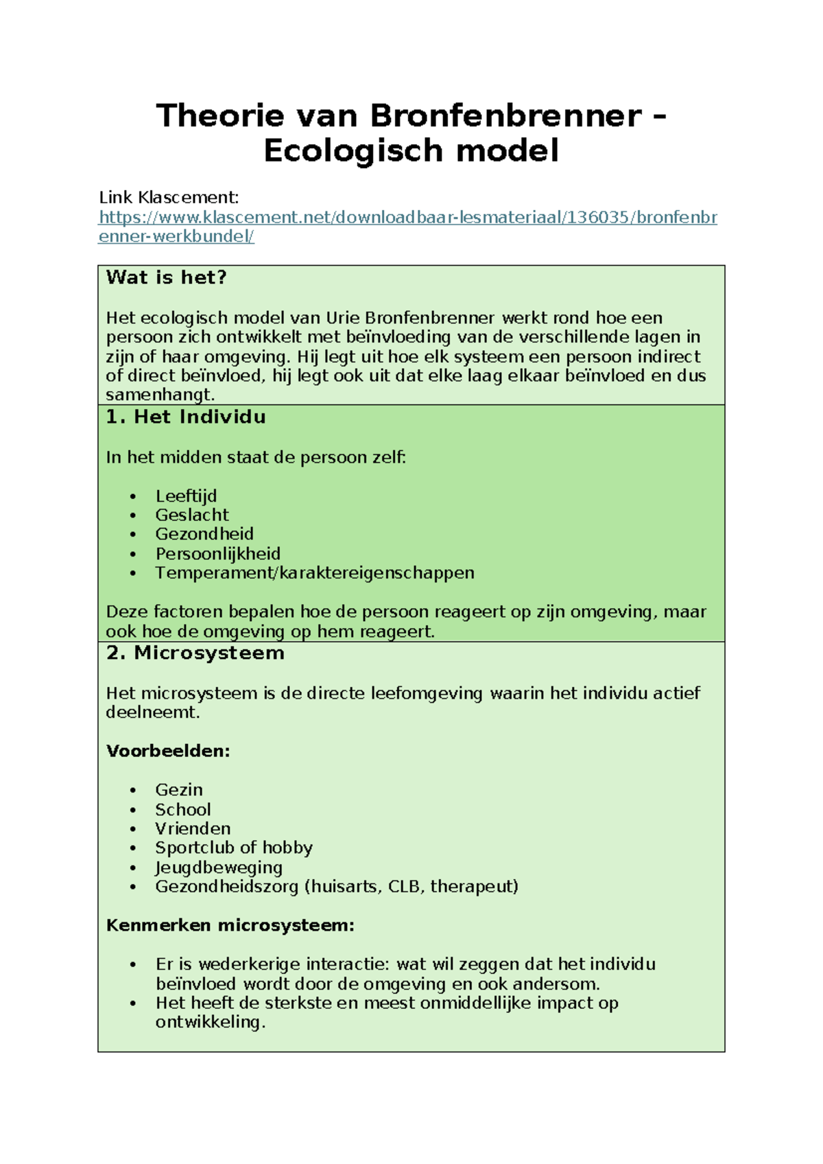 Theorie van Bronfenbrenner: Ecologisch Model en Ontwikkeling - Studocu