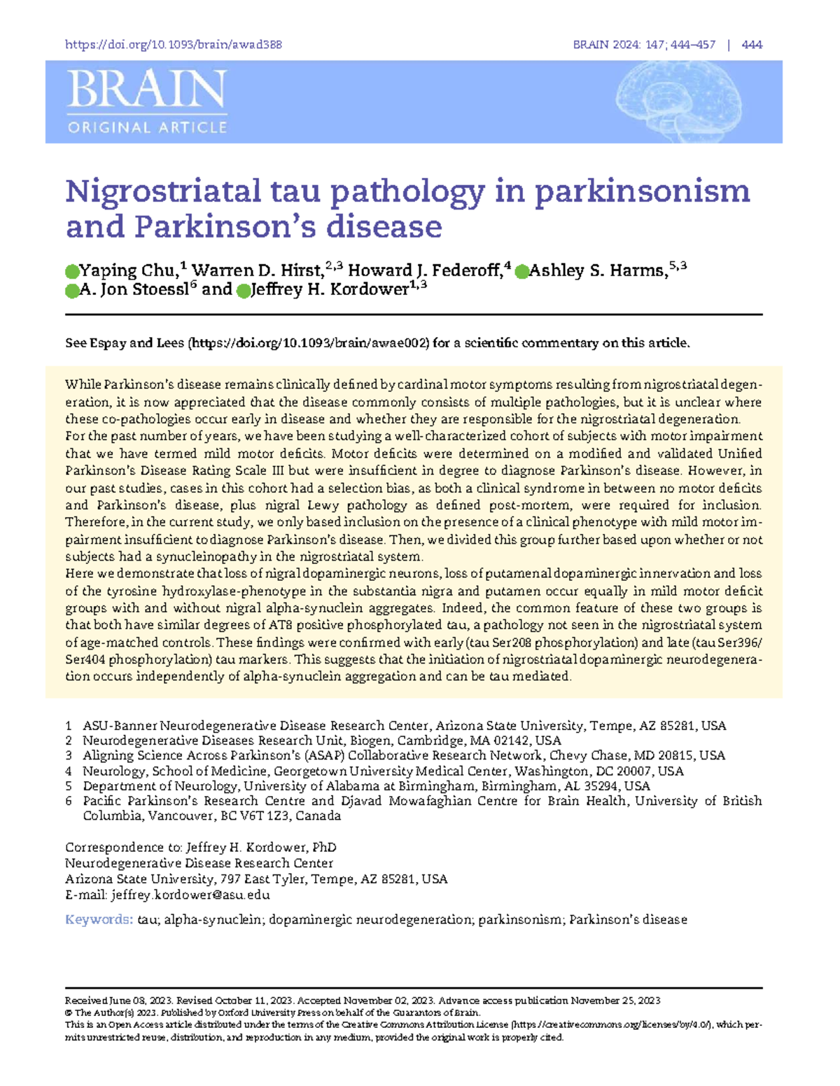 BRAIN 2024: Tau Pathology in Nigrostriatal Degeneration and ...