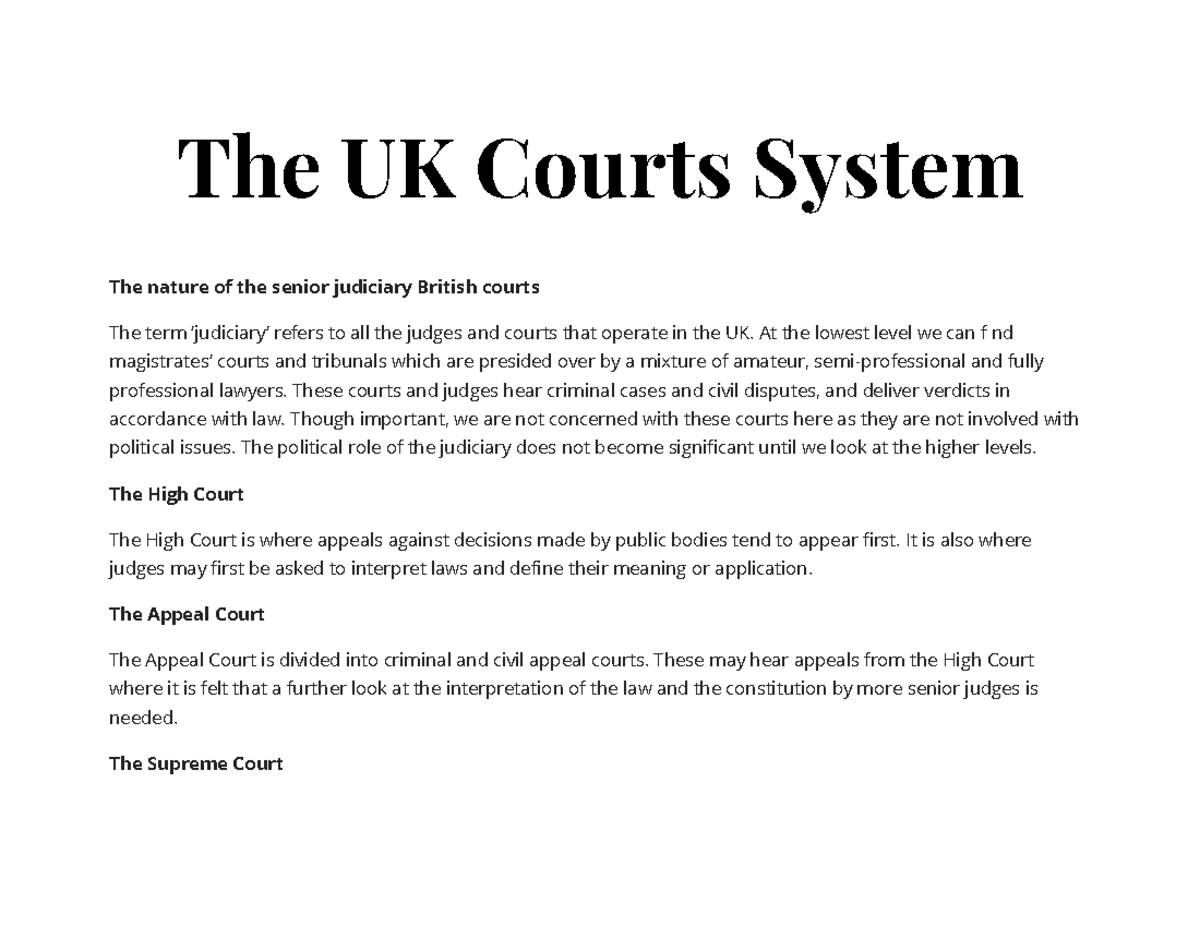 The UK Courts System: An Overview of the Judiciary and Its Roles - Studocu