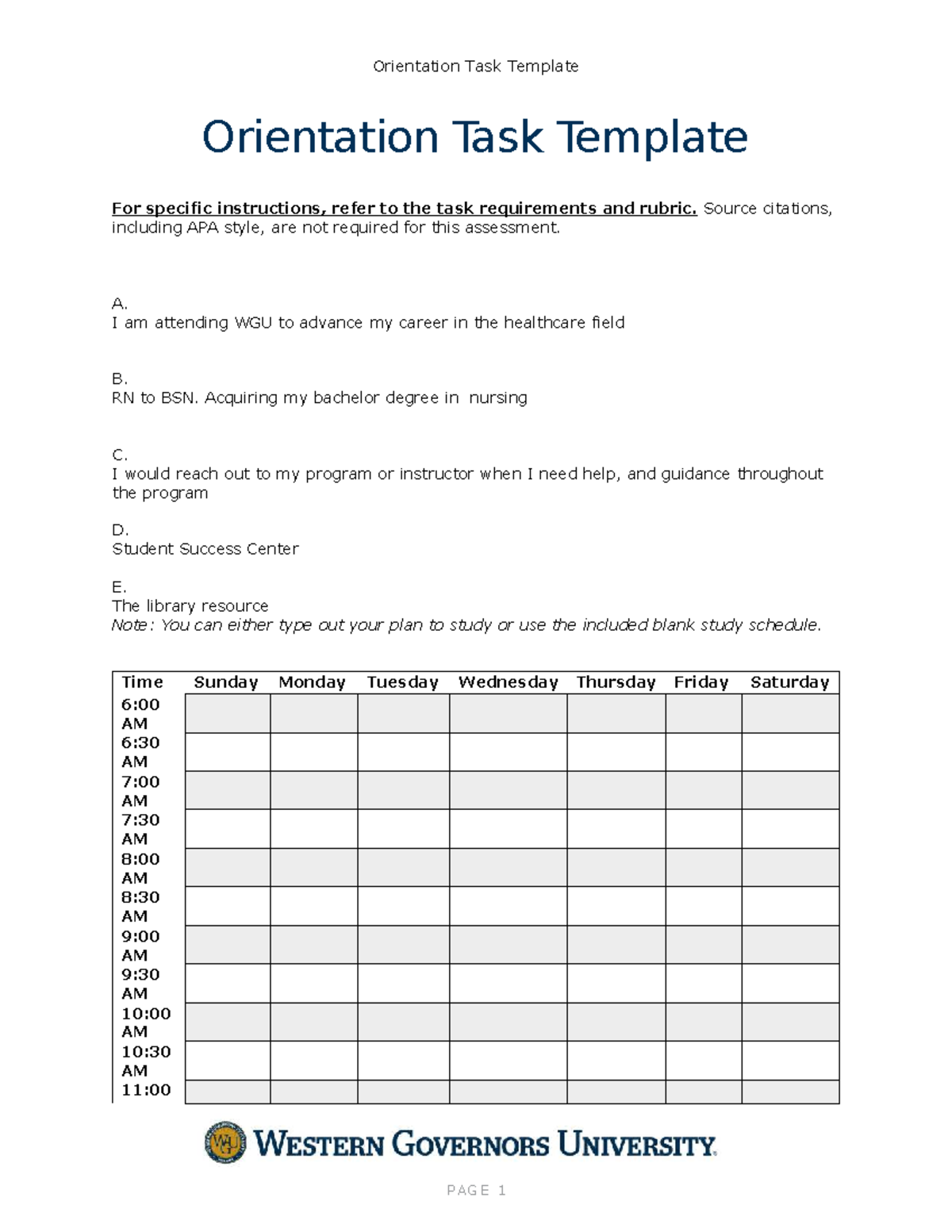 RN to BSN Orientation Task Template and Study Plan - Studocu