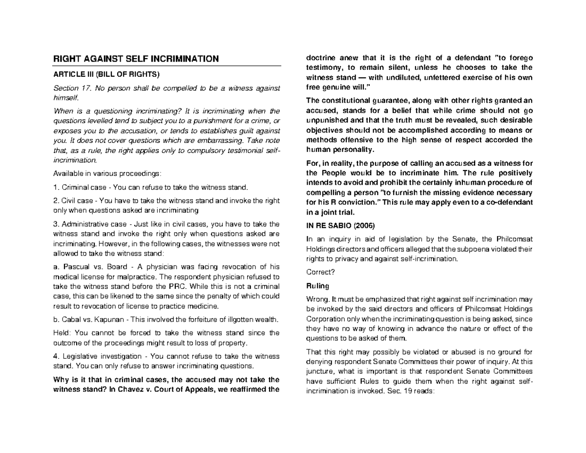 Rights Against Self-Incrimination: Key Legal Insights and Cases - Studocu