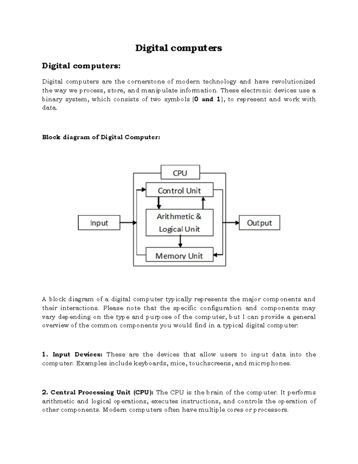 UNIT - 1: Overview of Digital Computers and Their Components - Studocu
