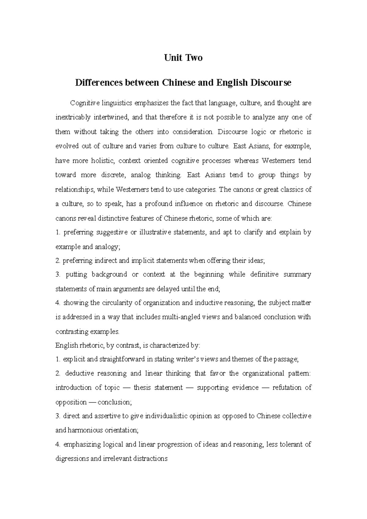 Unit Two: Discourse Differences in Chinese & English (Cognitive ...