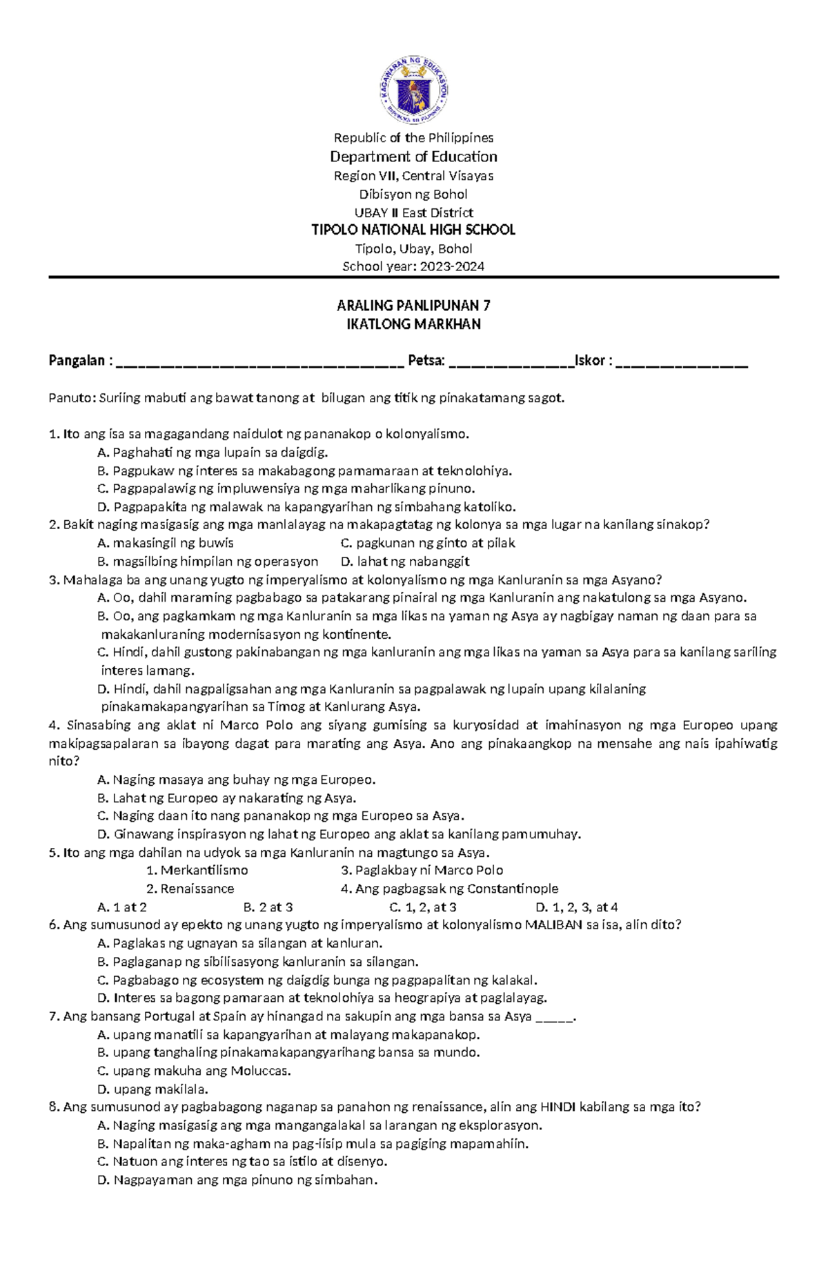 Araling Panlipunan 7 - 3rd Quarter periodical Test - Republic of the ...