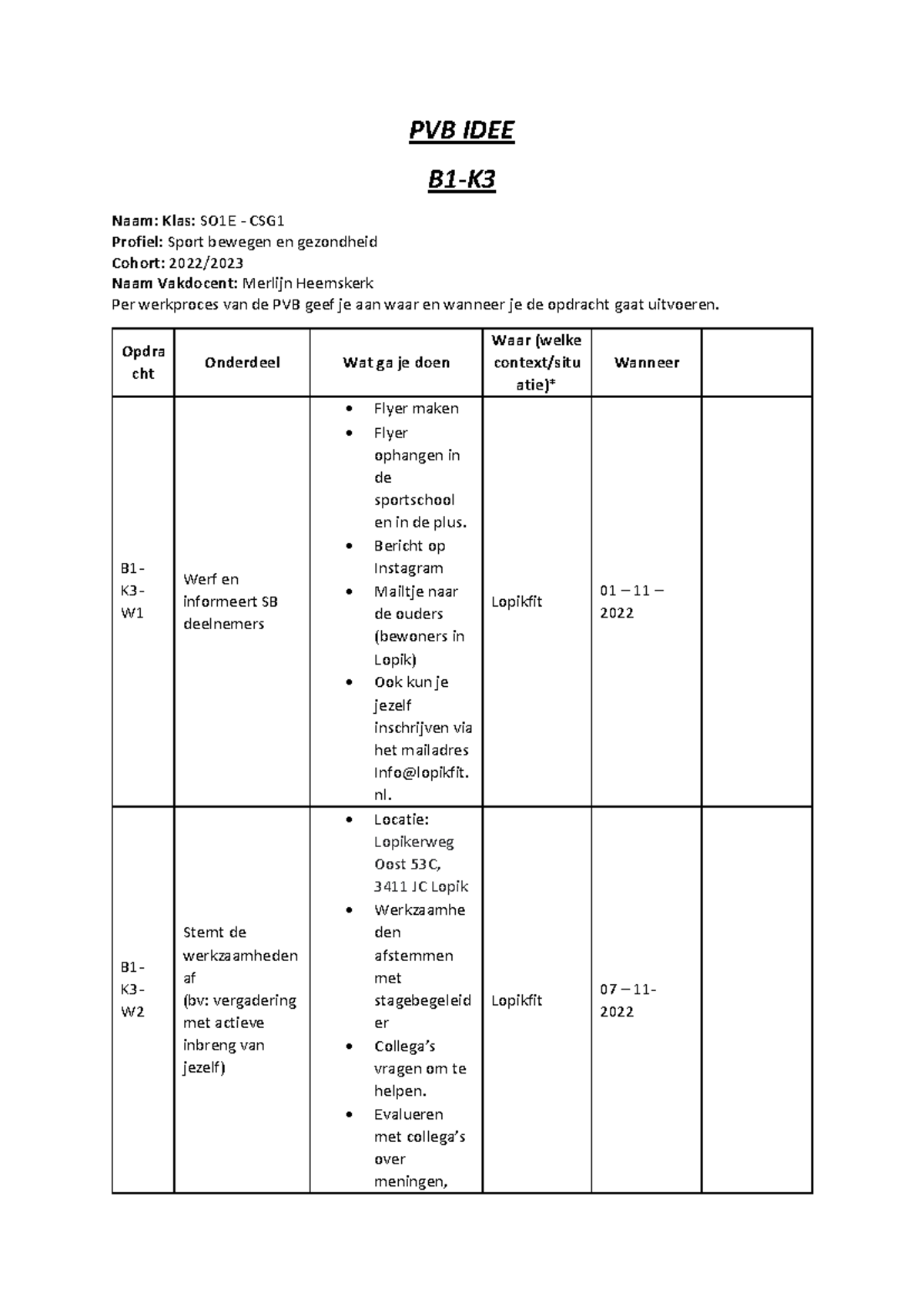 PVB Idee B1K3-5 - Werkprocessen Sport en Gezondheid - Studeersnel
