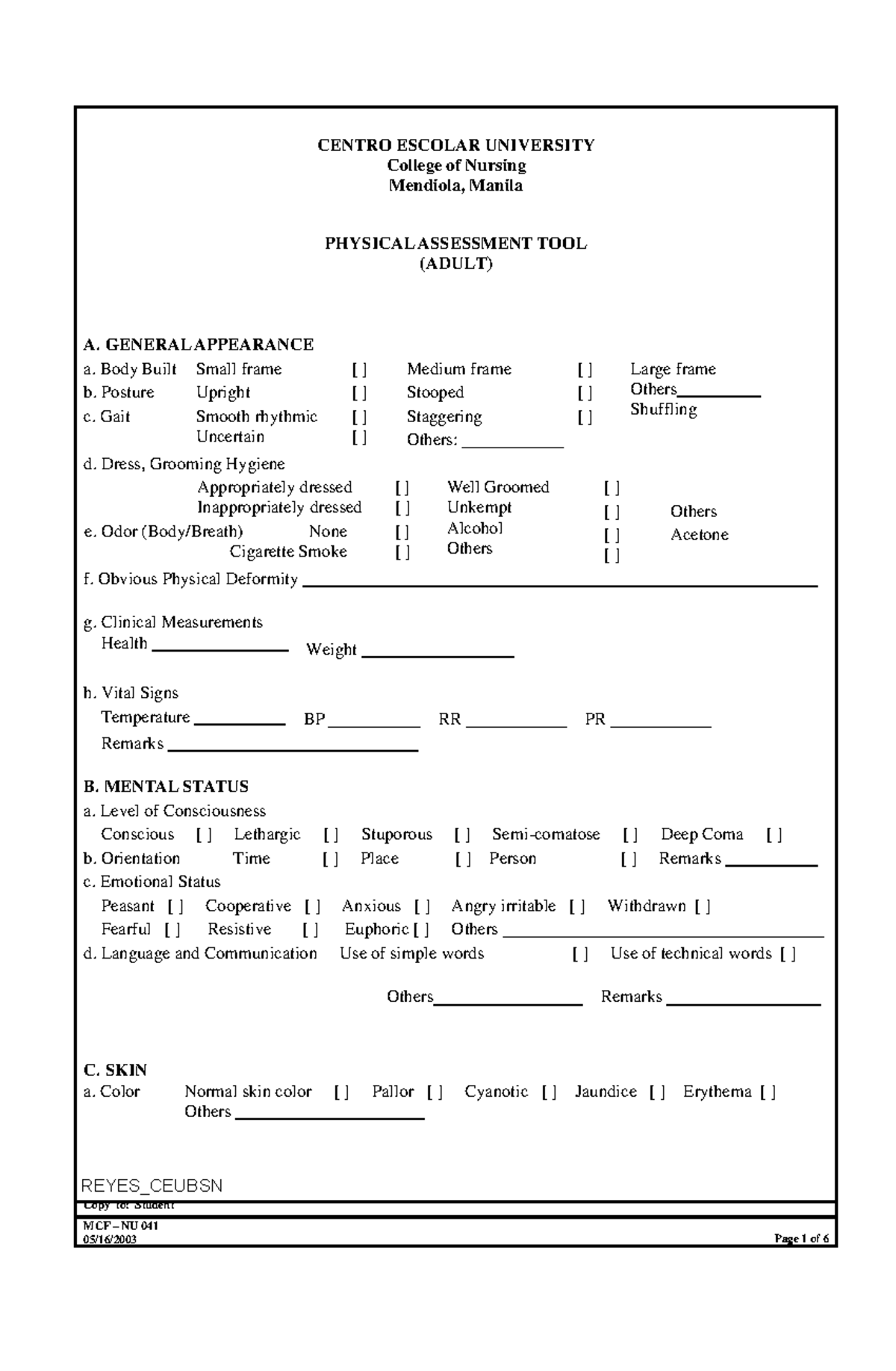 CEU BSN Adult Physical Assessment Tool: Comprehensive Guide - Studocu
