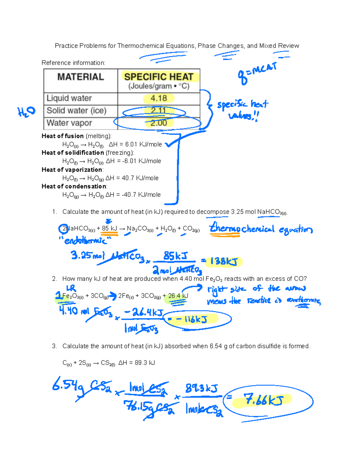 Thermochemical Equations & Heat Problems Mixed Review (CHEM 101) - Studocu