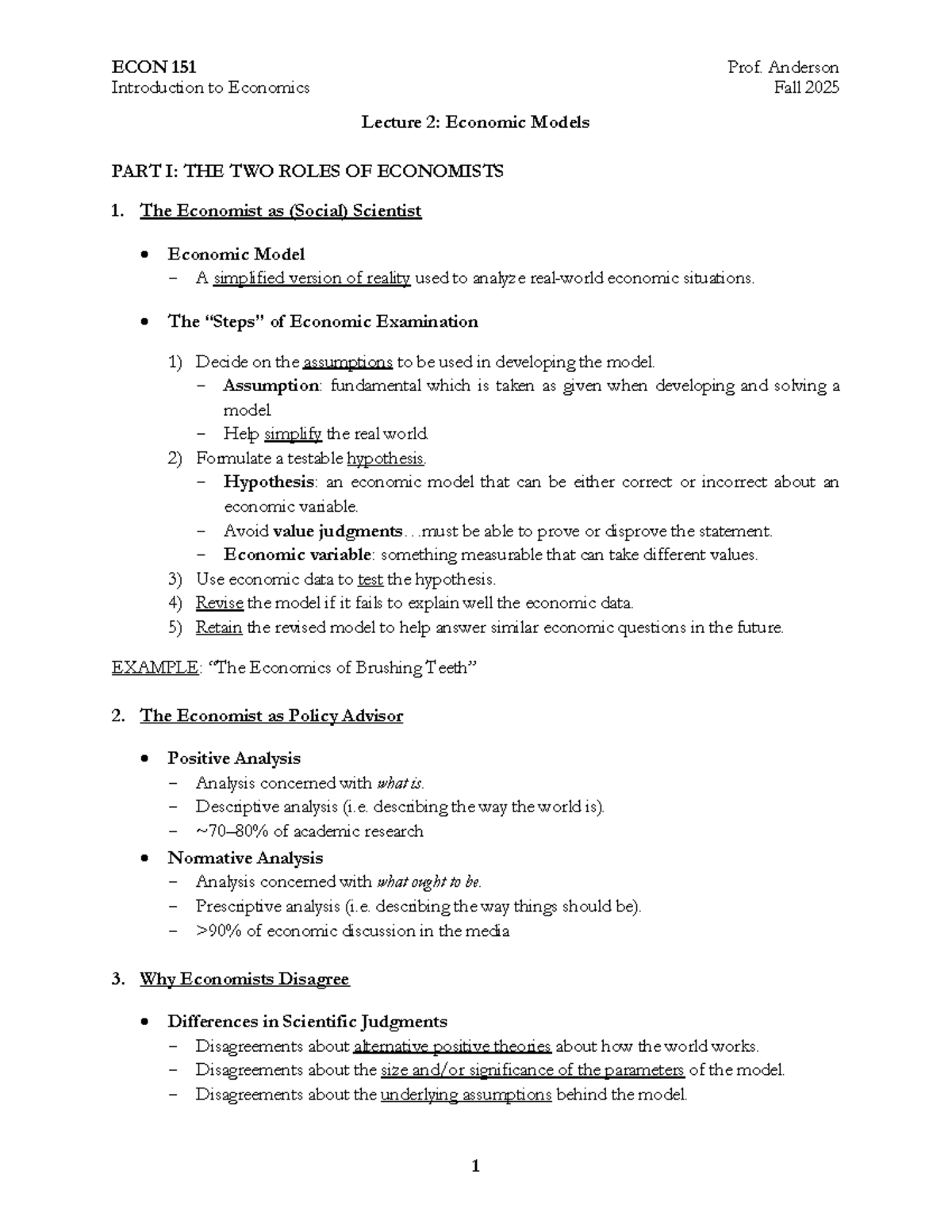 Econ 151: Lecture 2 - Economic Models & Graphs Analysis - Studocu