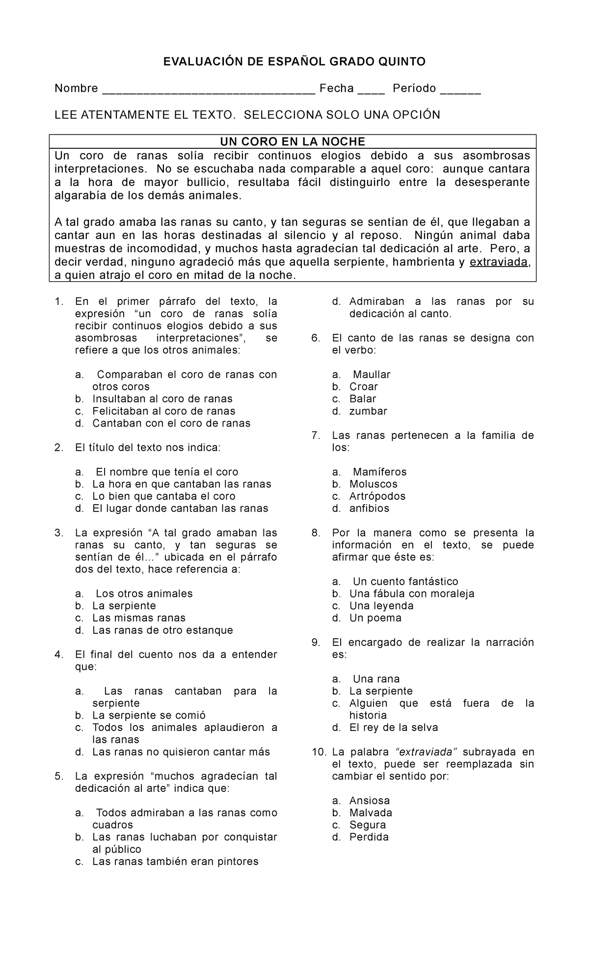 Evaluación DE Español Grado Quinto Marlene - EVALUACIÓN DE ESPAÑOL ...