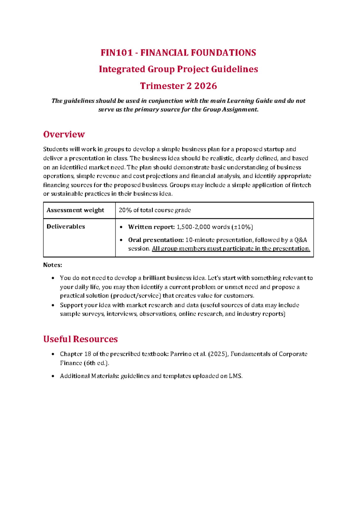 FIN101 T2 Integrated Group Project Guidelines for Business Plan - Studocu