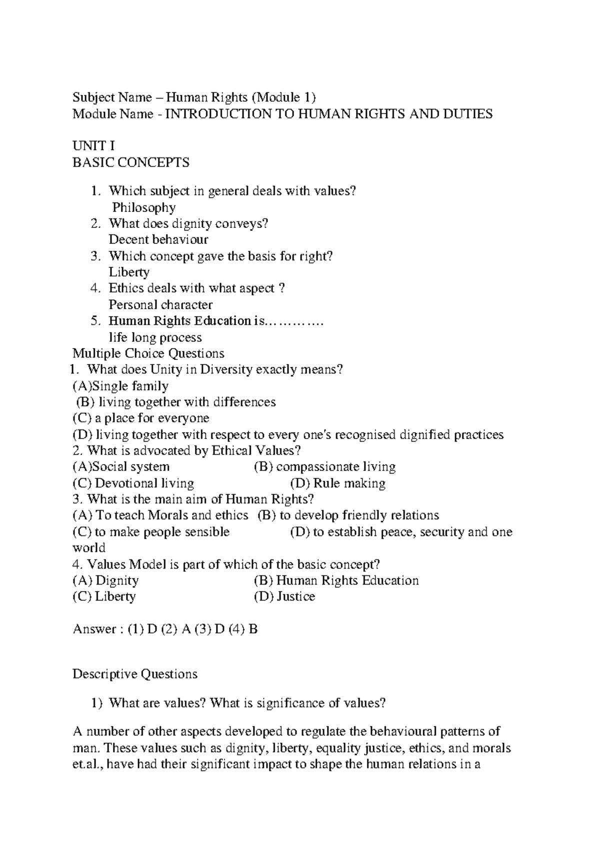 HRE Question bank module 1 - Subject Name – Human Rights (Module 1 ...