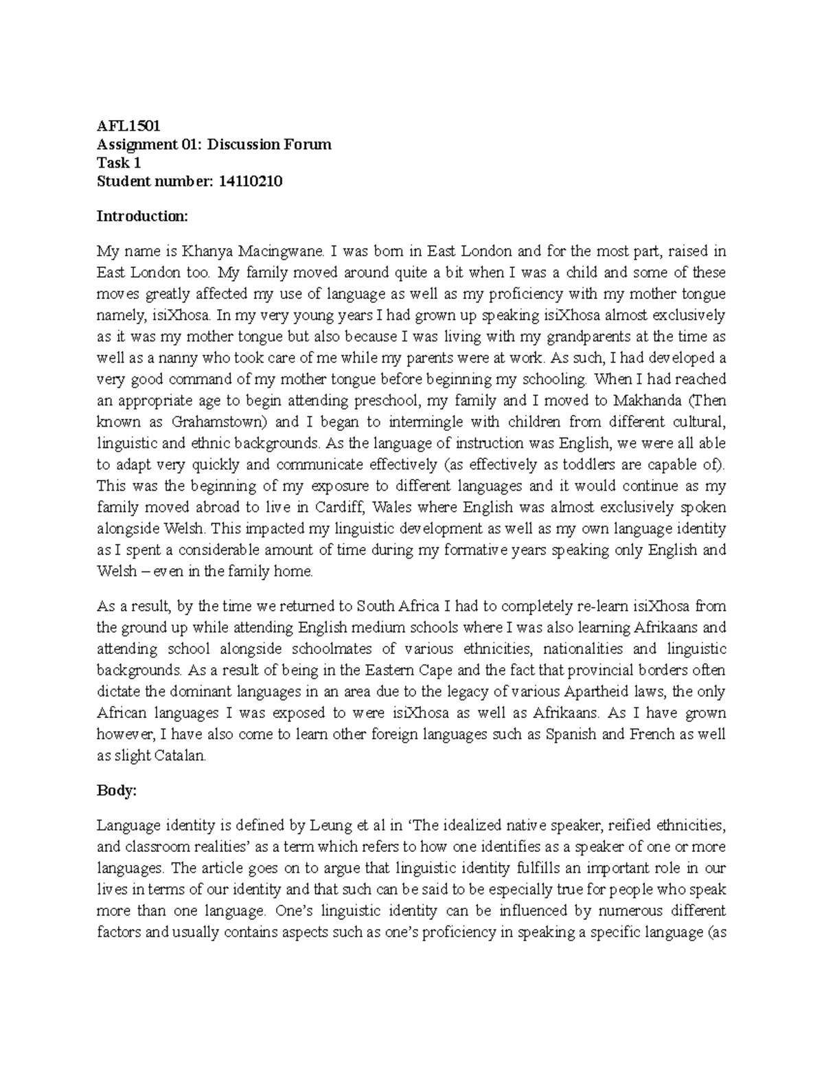 AFL1501 Assignment 1 - Discussion Forum on Language Identity - Studocu