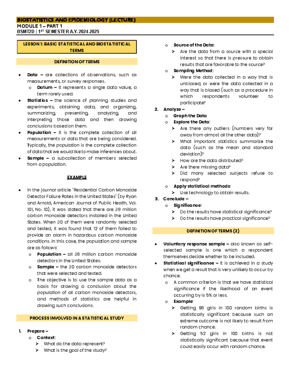 BIOSTATISTICS AND EPIDEMIOLOGY (LECTURE) MODULE 1 BSMT2D 1ST SEM A.Y. Lesson 1: - Studocu