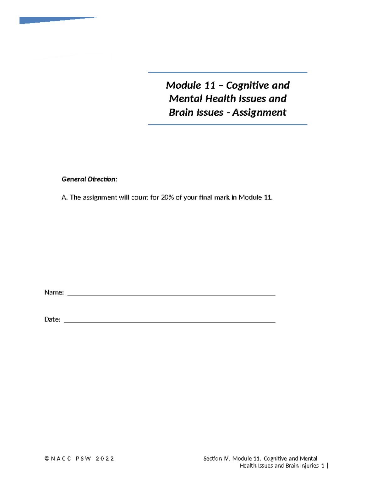 Module 11 PSW Assignment: Cognitive & Mental Health Issues - Studocu