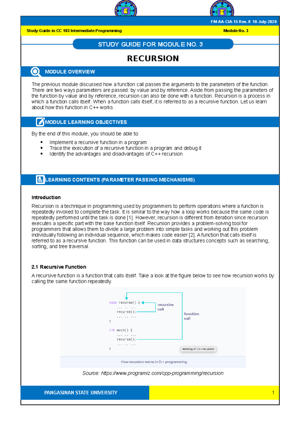 CC103-MOD3 Study Guide: Understanding Recursion in C++ - Studocu